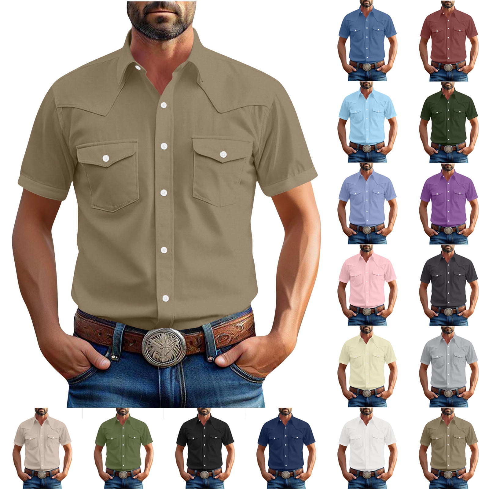BADHUB Men's Vintage Solid Color Short Sleeve Pocket Button Lapel Casual Fishing Shirt Big and ...