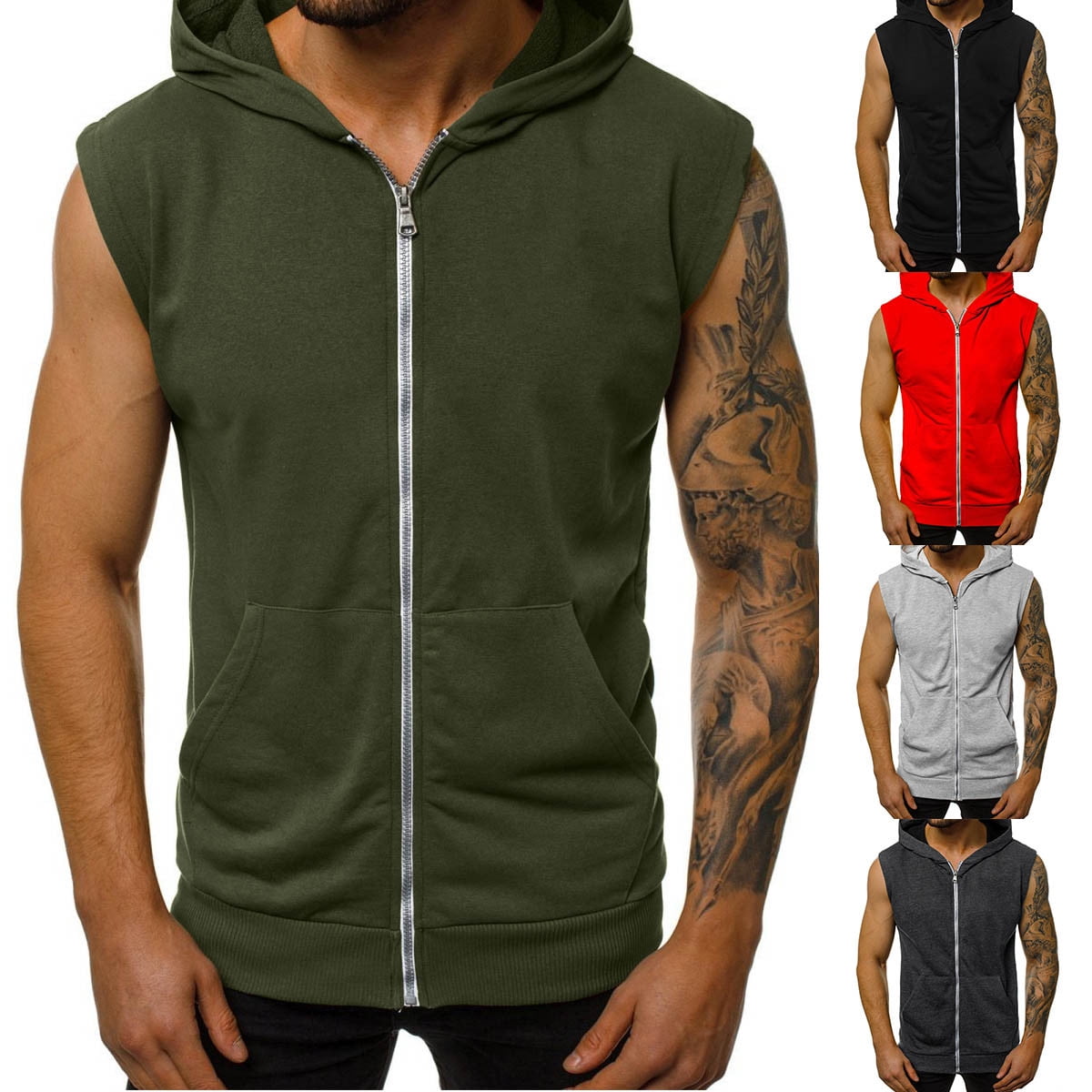 Badhub Mens Workout Hooded Tank Tops Zip Up Sleeveless Gym Shirts