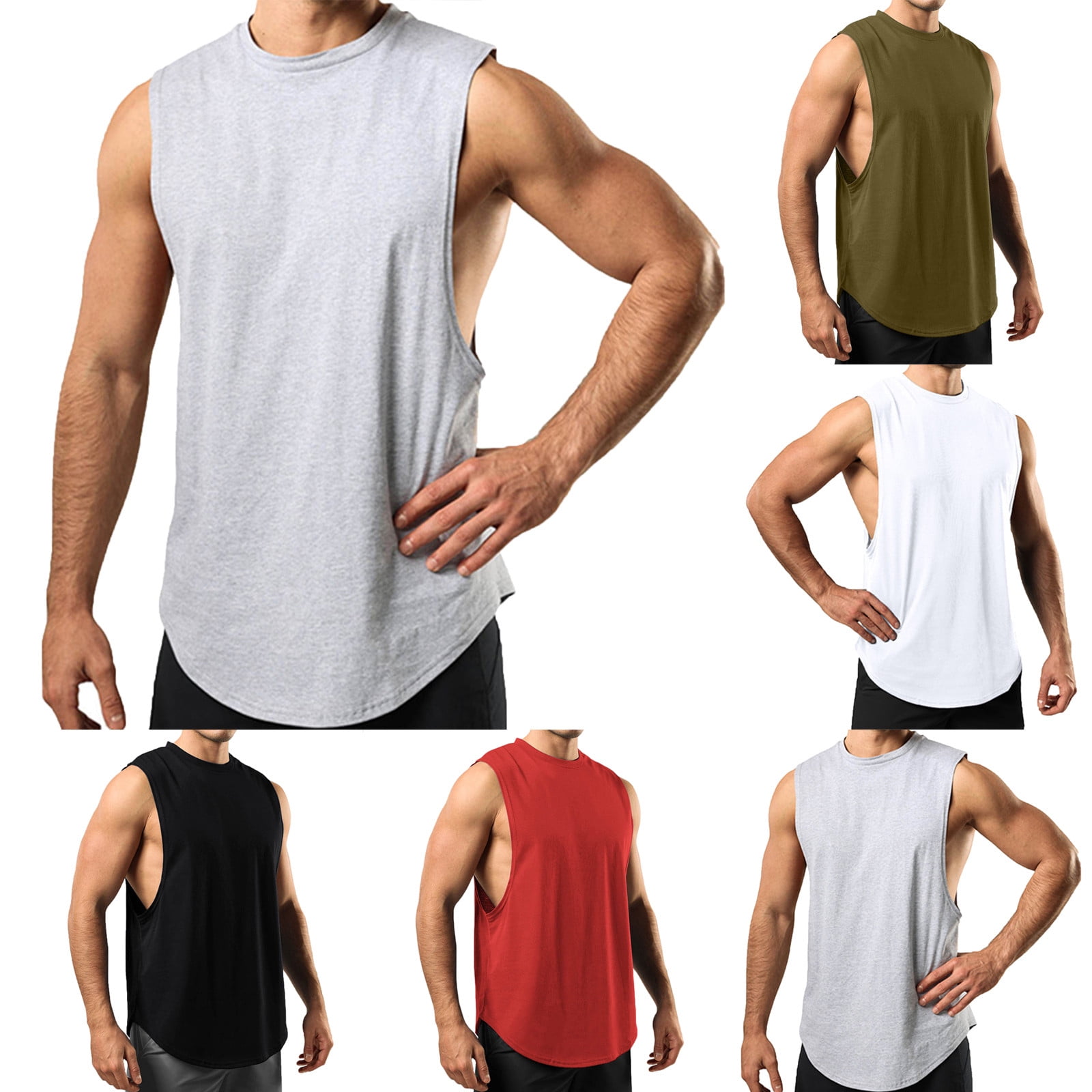 BADHUB Men's Workout Tank Tops Sleeveless Gym Shirts Bodybuilding Fitness Muscle Cut Off Cotton ...