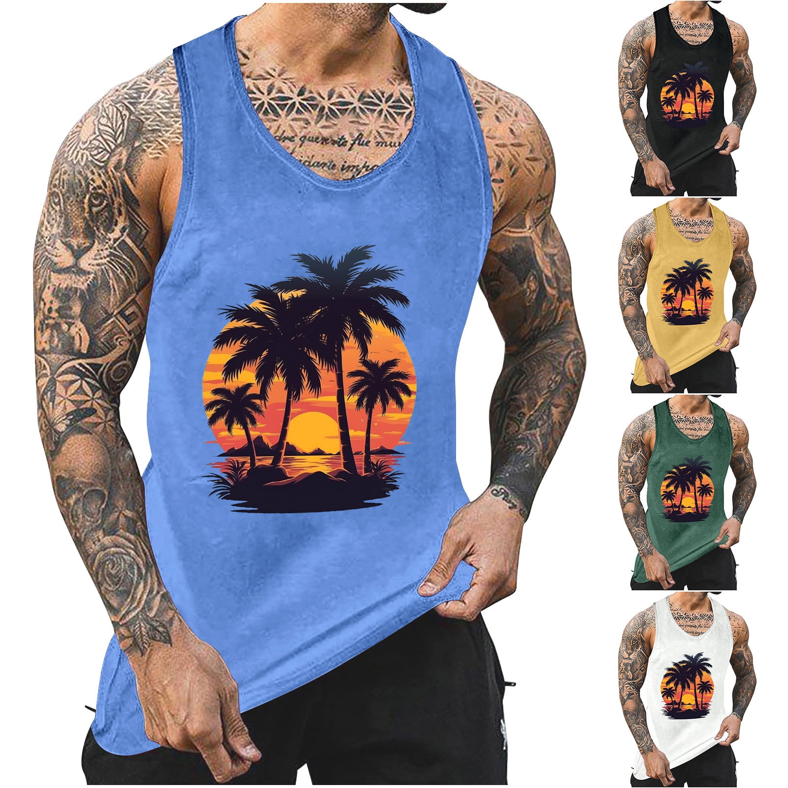 BADHUB Mens Beach Tank Tops Hawaiian Coconut Tree Print Vest Summer ...