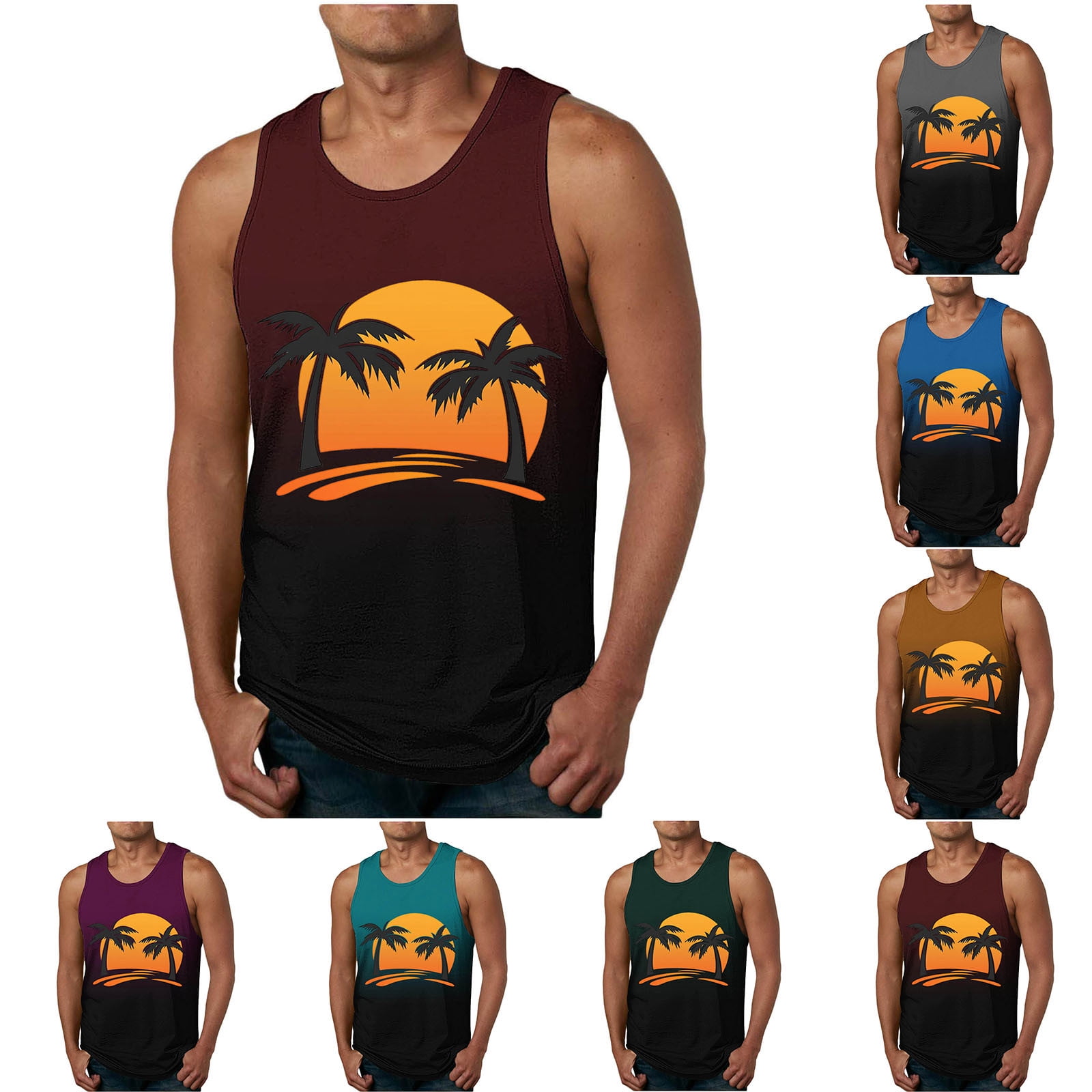 BADHUB Mens Graphic Tank Tops Hawaiian Coconut Tree Print Vest Big and Tall Crew Neck Sleeveless ...