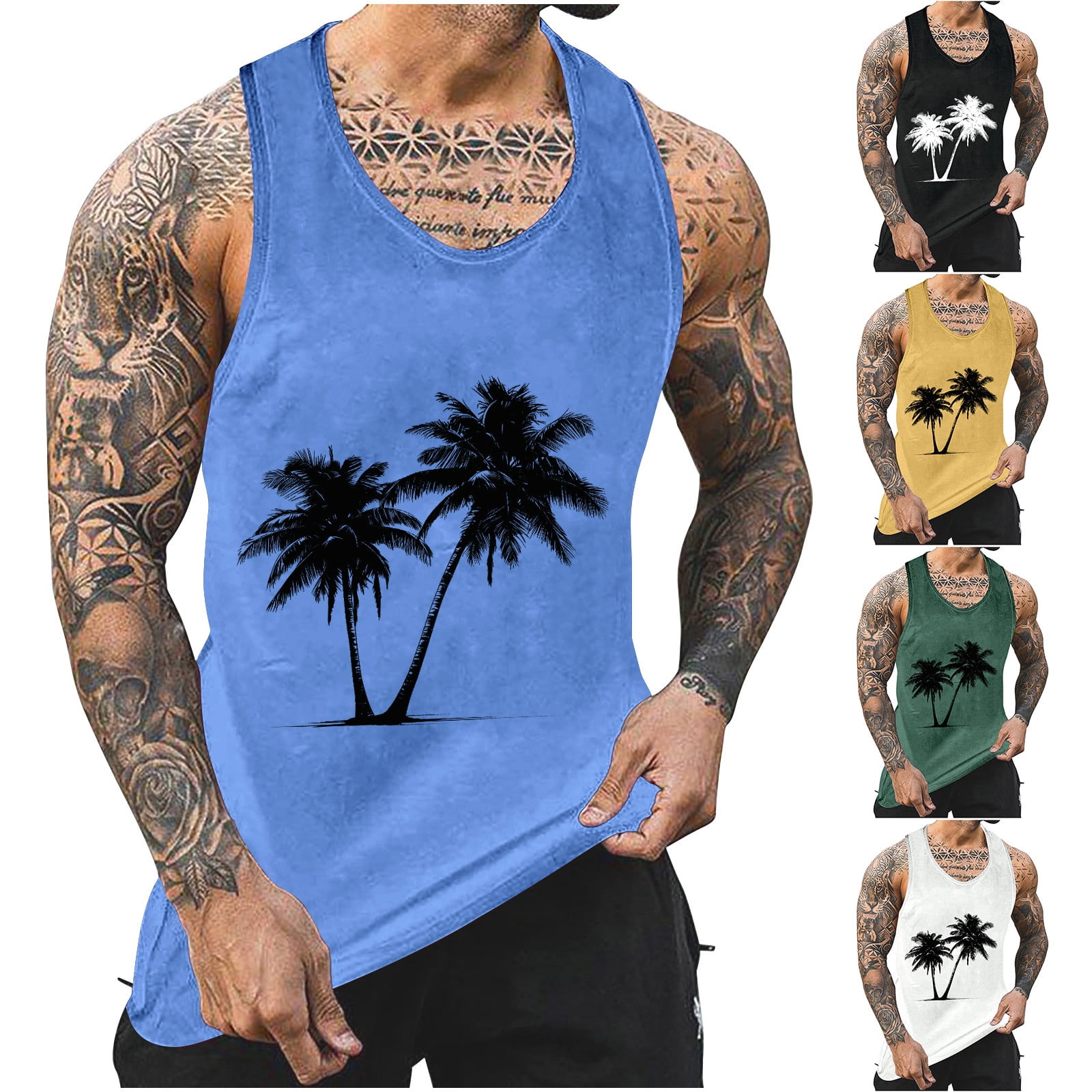 BADHUB Mens Muscle Tank Tops Clearance Summer Coconut Tree Print Sleeveless Shirts Beach ...