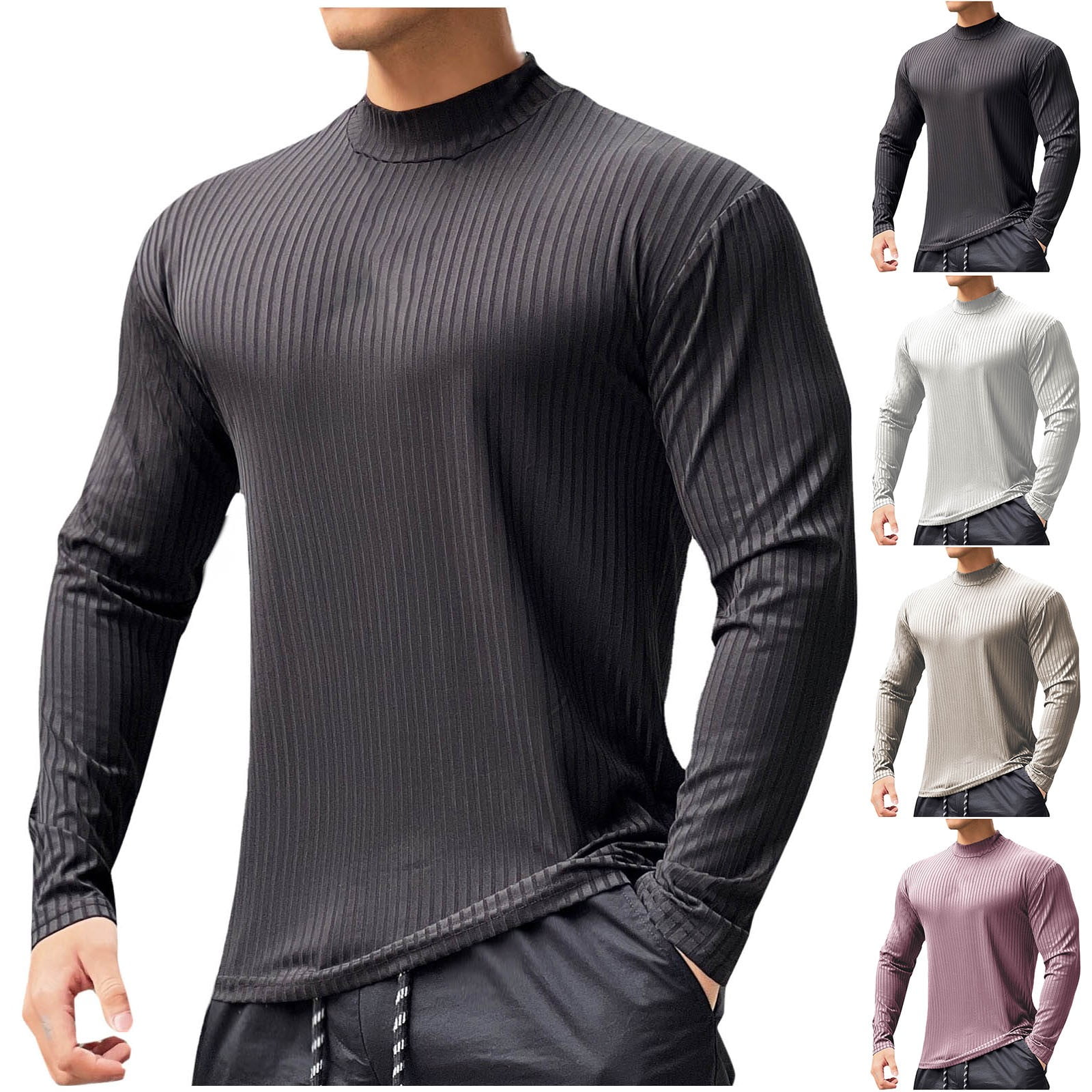 BADHUB Mens Ribbed Crewneck Shirts Slim Fit Long Sleeve Solid Color ...