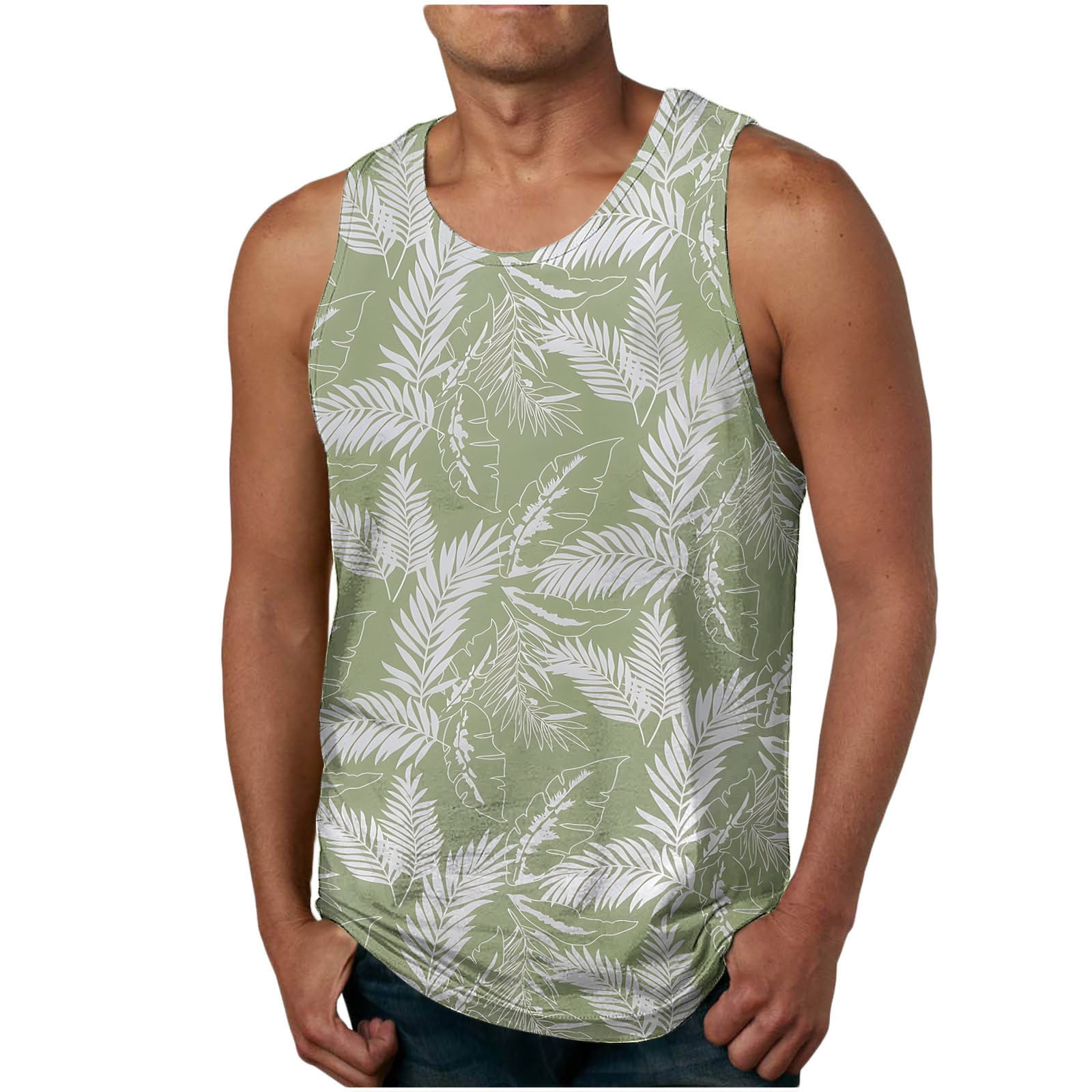 BADHUB Palm Tree Print Tank Topsssss for Men Summer Beach Sleeveless Crew Neck Shirts Muscle Fit ...