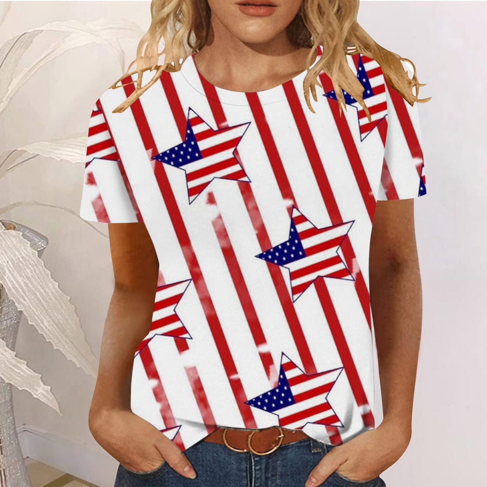 Badhub Patriotic Shirts Women Short Sleeve American Flag T Shirt Stars