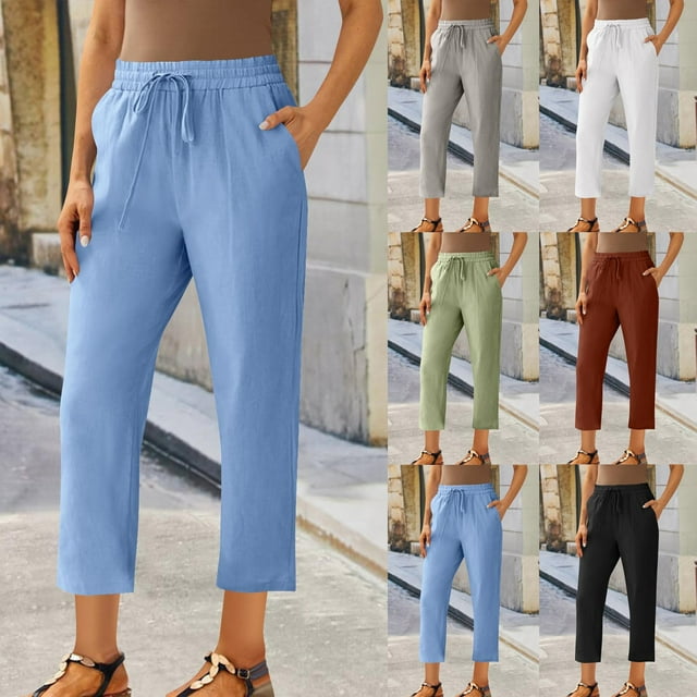 BADHUB Plus Size Drawstring Linen Pants for Women 2025 Summer Ealstic ...