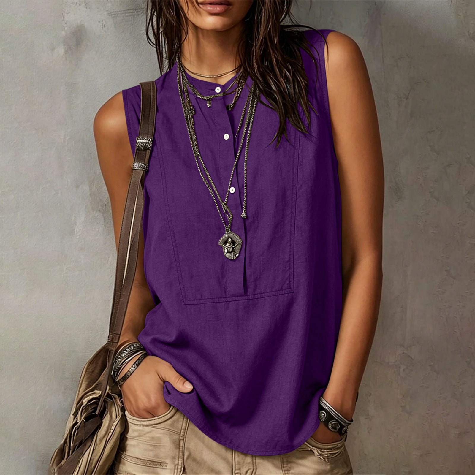 BADHUB Sleeveless Tanks for Womens Button Up Crewneck Tank Tops Short ...