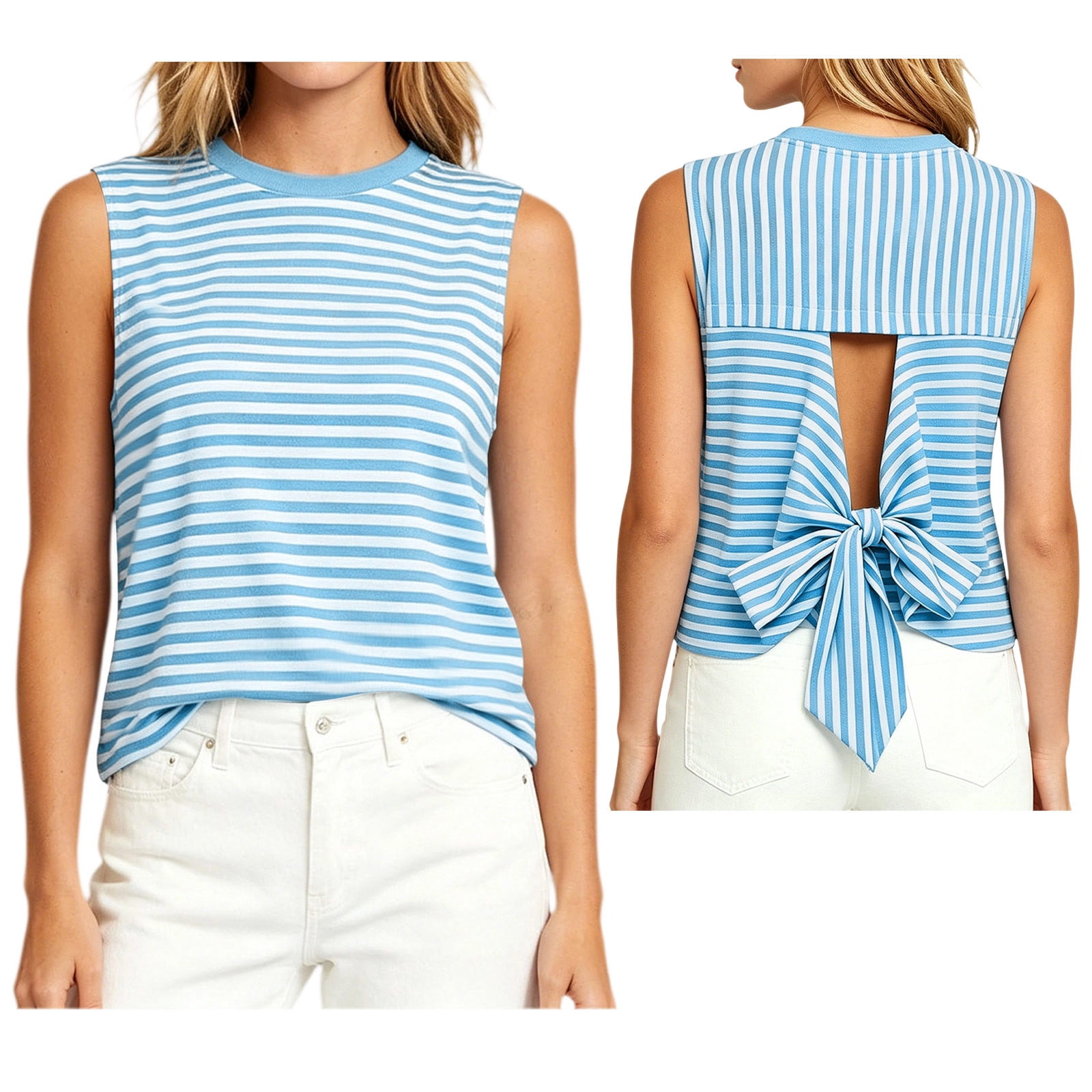 BADHUB Striped Tank Tops for Women Sleeveless Crewneck Dressy Casual ...