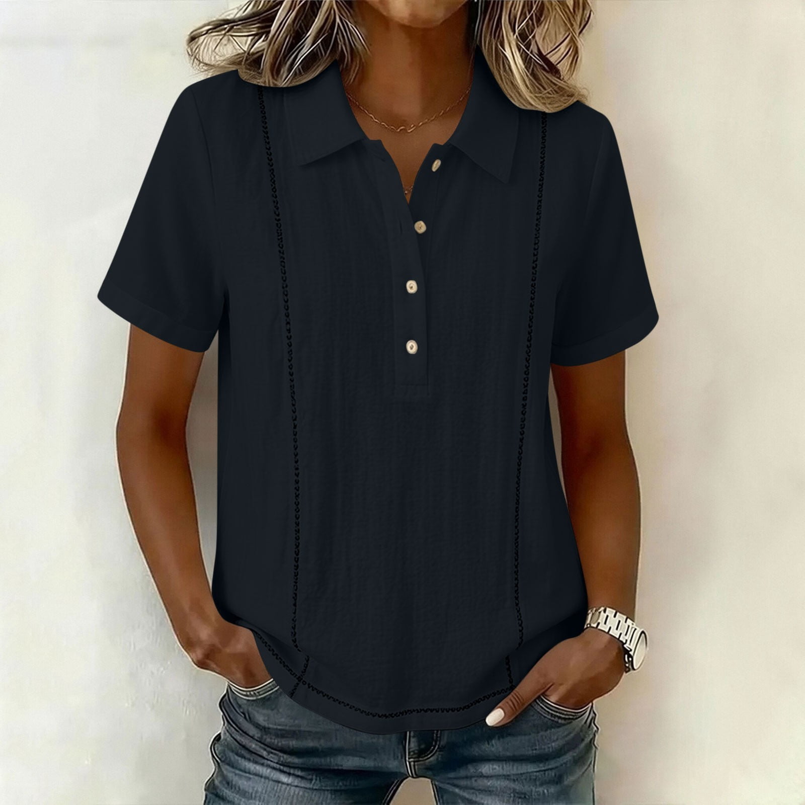 BADHUB Summer Tops for Women Loose Button V Neck Short Sleeve Hollow ...