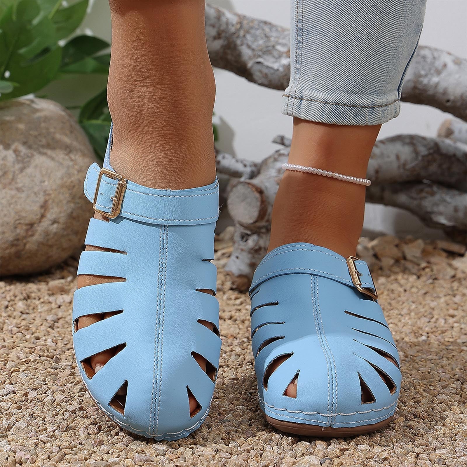 BADHUB Women Closed Toe Mule Sandals Thong Summer Shoes Comfortable ...