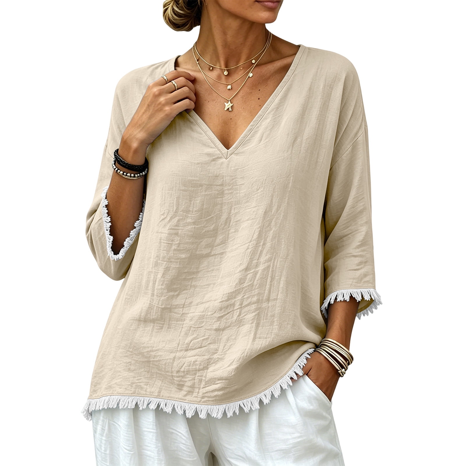 BADHUB Women Cotton Shirts Fashion Summer V Neck Boho Tops 3/4 Sleeve ...