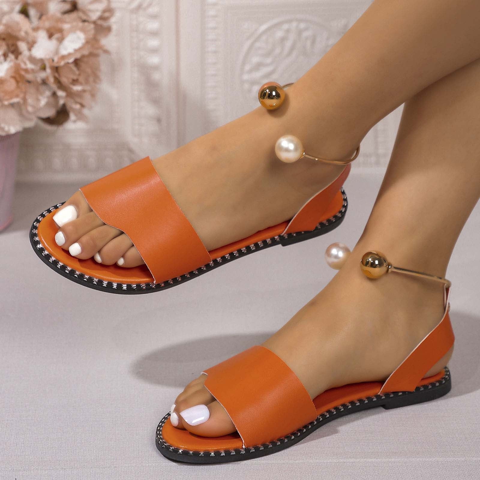 BADHUB Women Flat Sandals 2025 One-Line Buckle Strap Pearl Leather Open ...