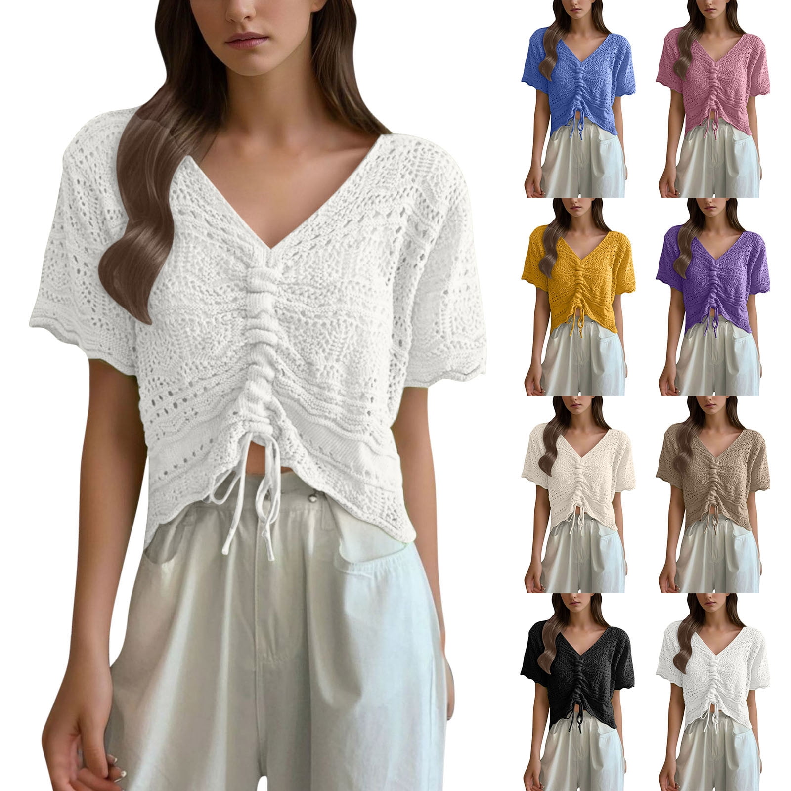 BADHUB Women Lace Crochet Tops Short Sleeve V Neck Beach Drawstring ...