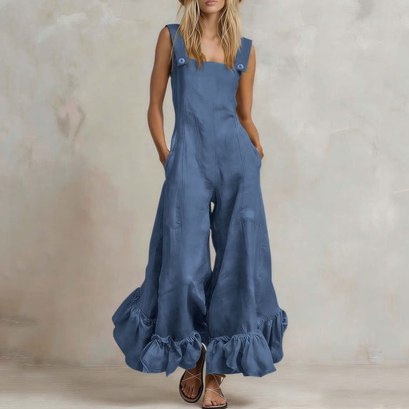 BADHUB Women Linen Jumpsuits Summer Dressy Square Neck Ruffle Hem ...