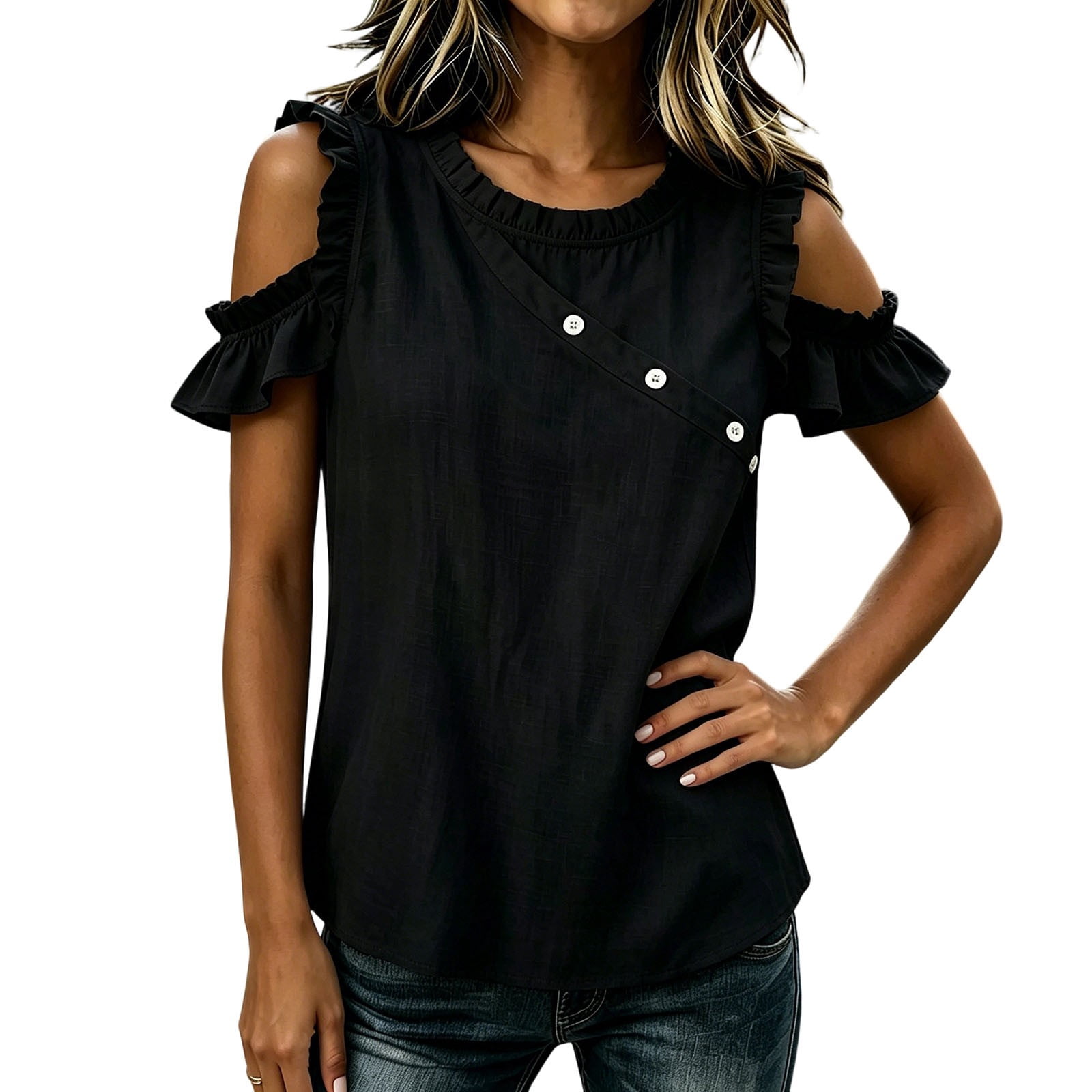 BADHUB Women Summer Cold Shoulder Short Sleeve Shirt Casual Loose Fit ...