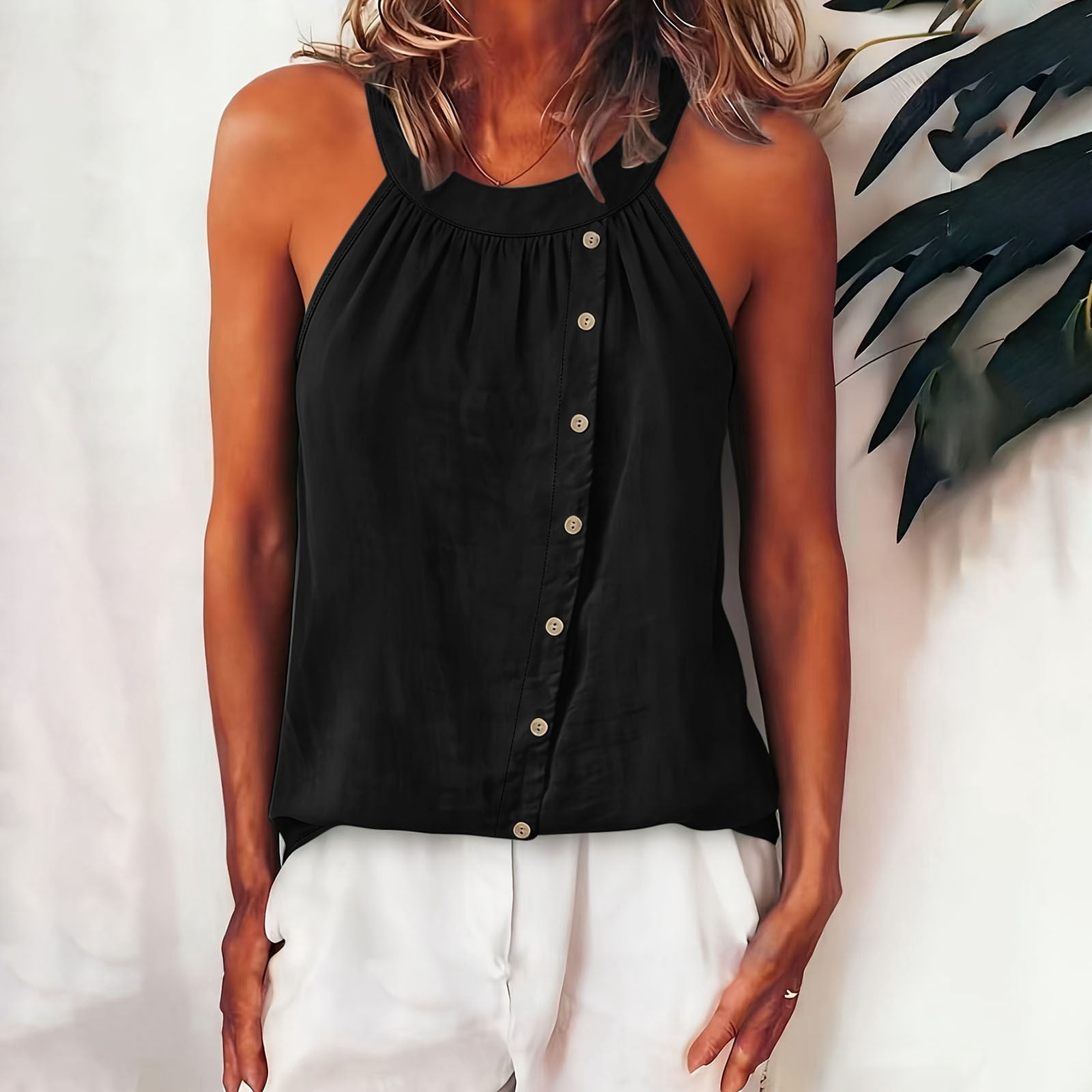 BADHUB Women Summer Halter Tank Tops Loose Fit Pleated Criss Cross ...