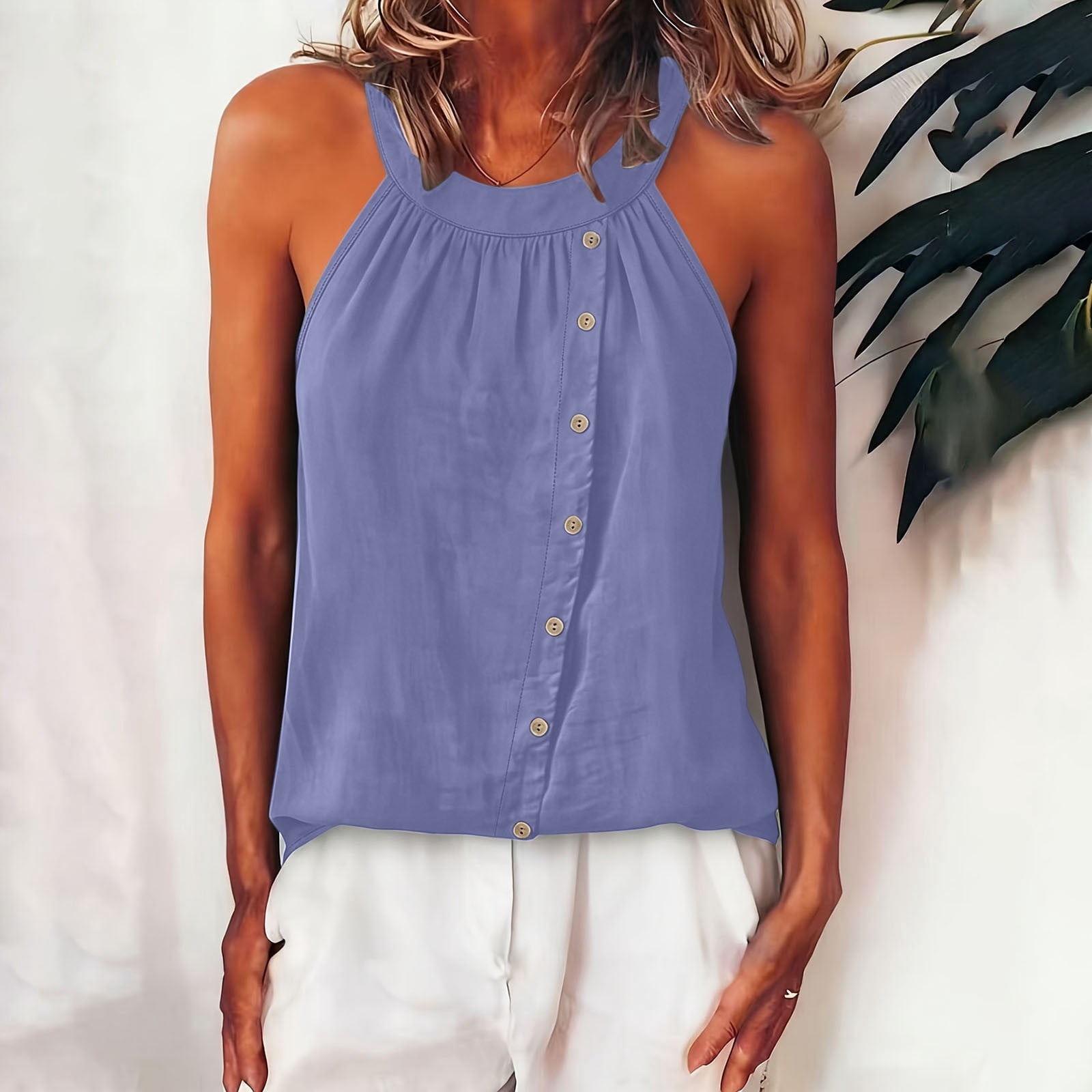 BADHUB Women Summer Halter Tank Tops Loose Fit Pleated Criss Cross ...