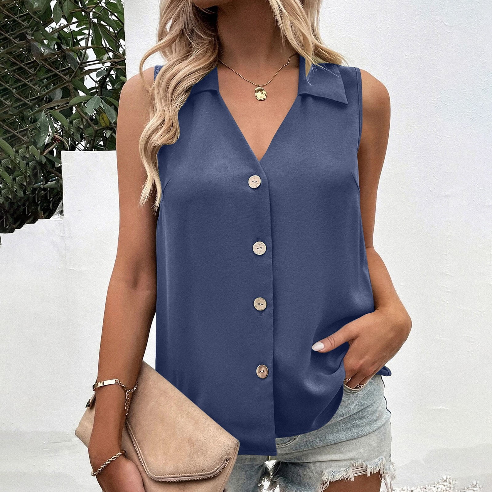 BADHUB Women Tank Tops Button Down V Neck Sleeveless Tanks Summer ...