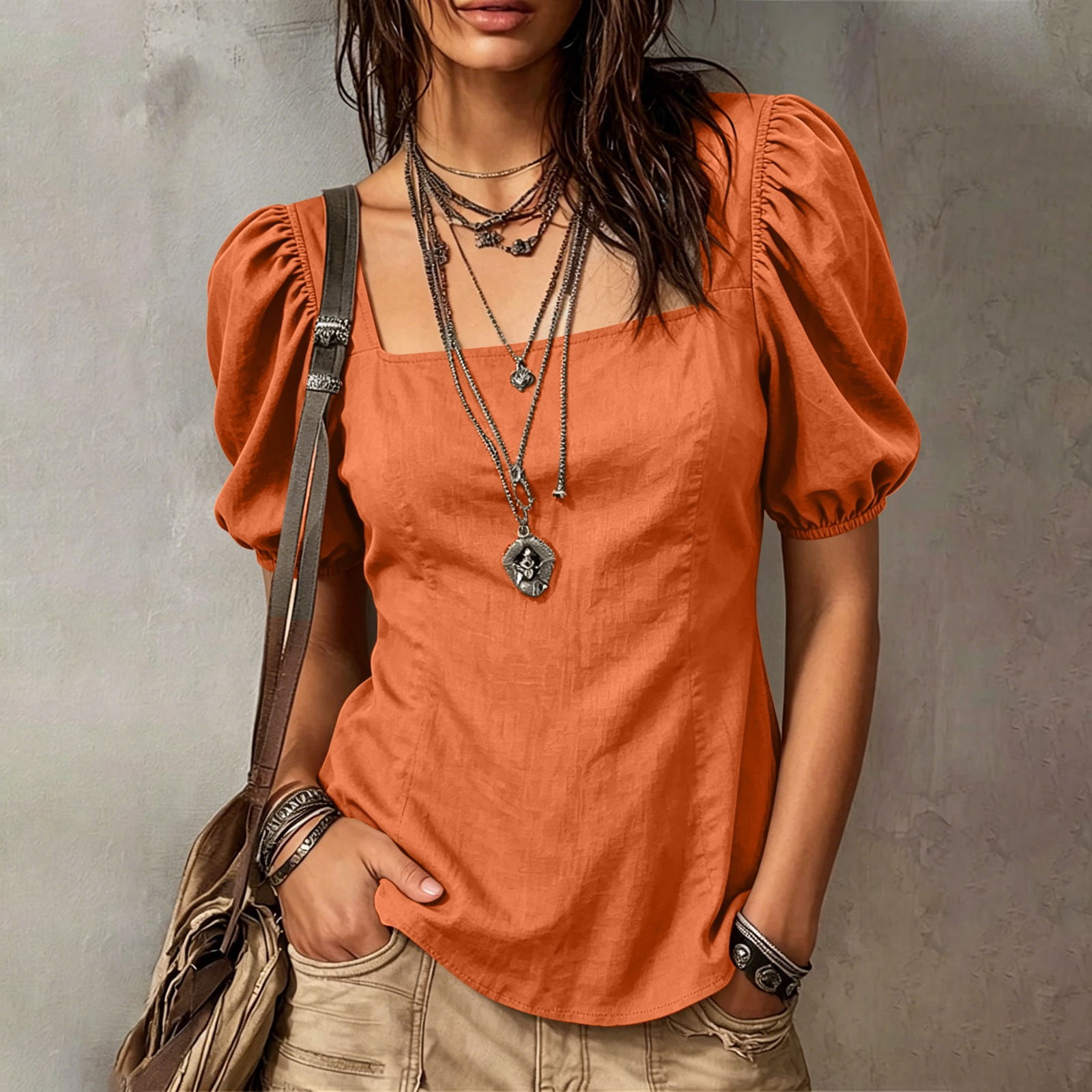 BADHUB Women Tshirts Shirts Puff Short Sleeve Square Neck Shirt ...