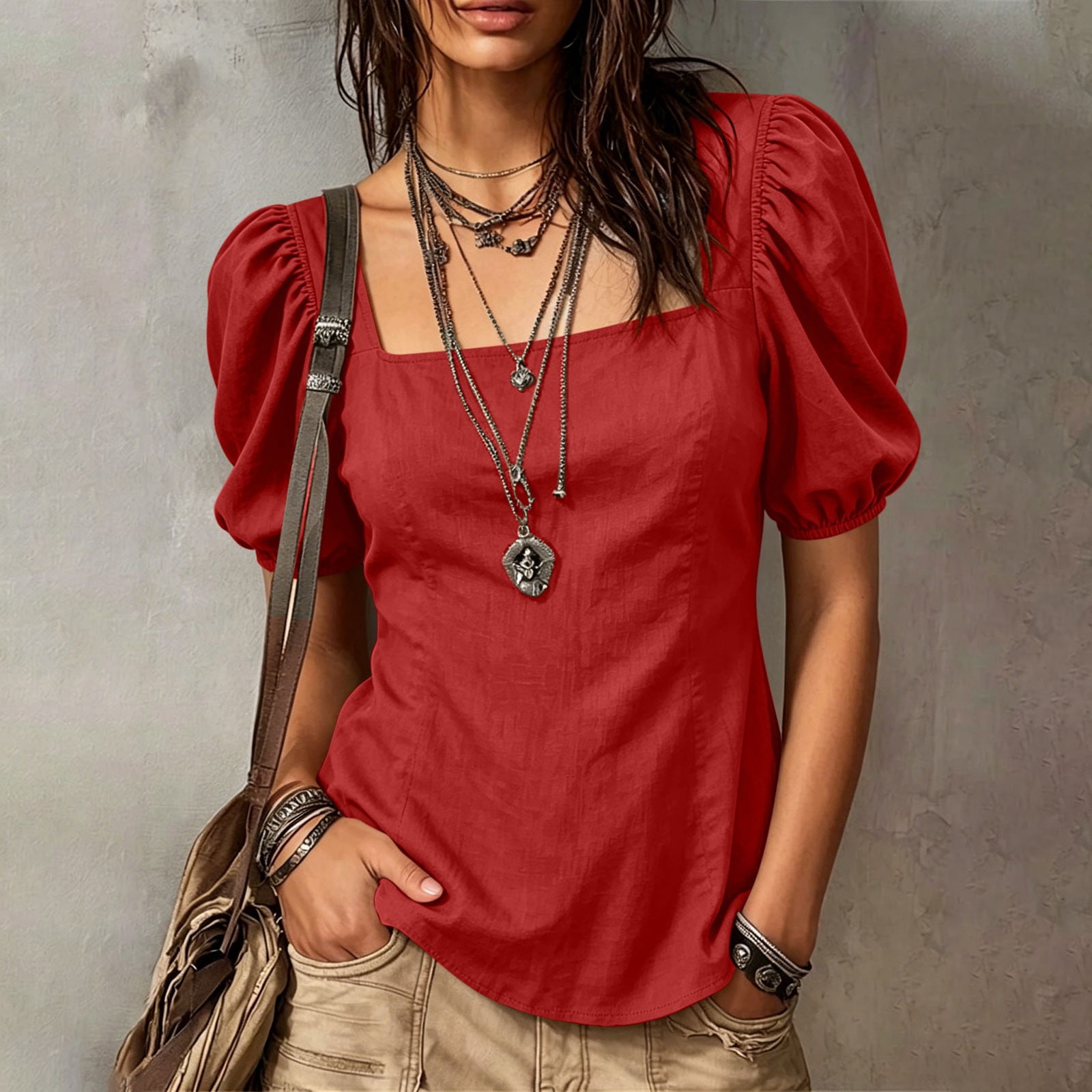 BADHUB Women Tshirts Shirts Puff Short Sleeve Square Neck Shirt ...