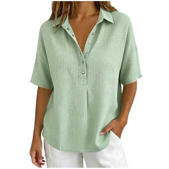BADHUB Women Waffle Lapel Collar Tee Shirts Button V Neck Short Sleeve ...