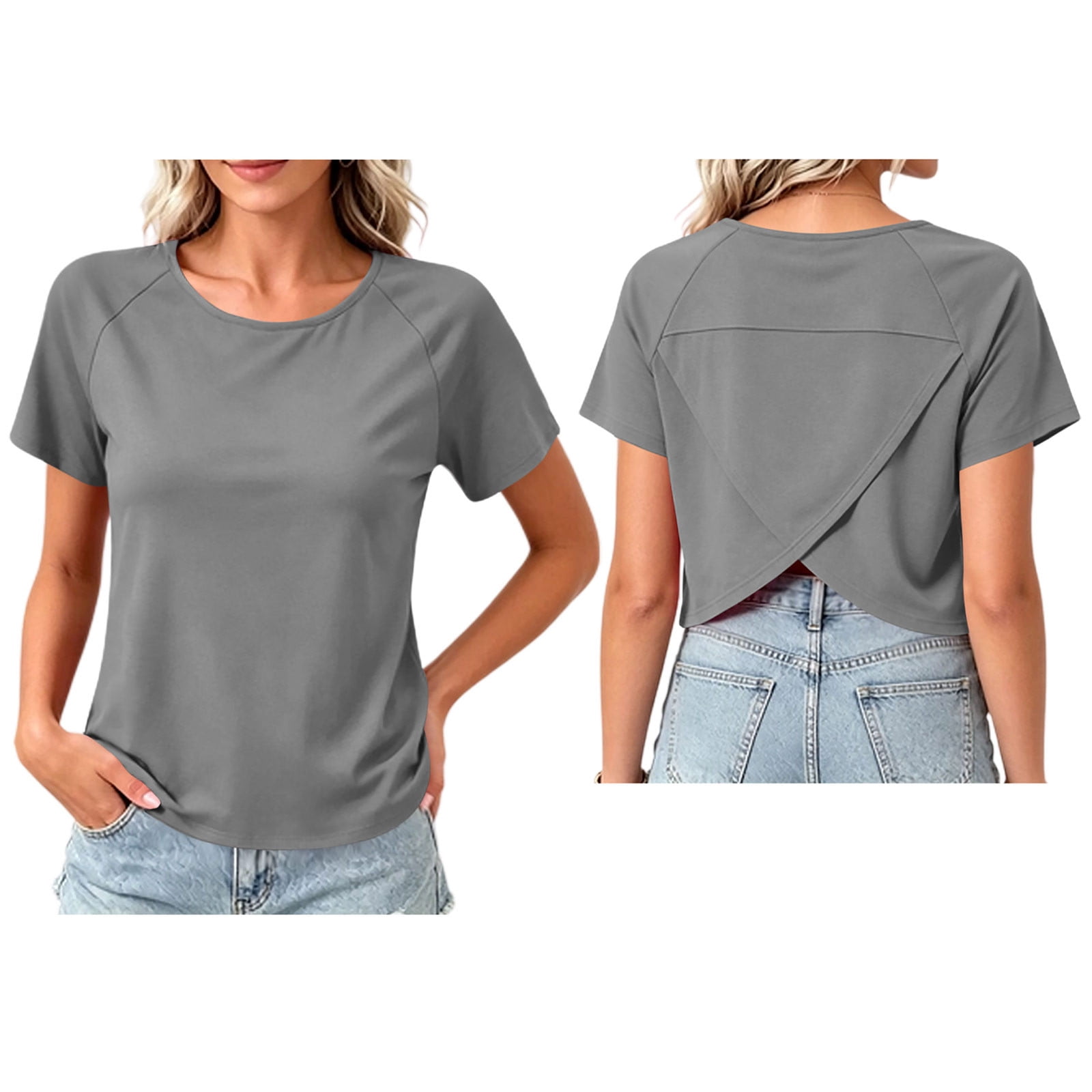 BADHUB Women Workout Crop Tops Summer Short Sleeve Crewneck Criss Cross ...