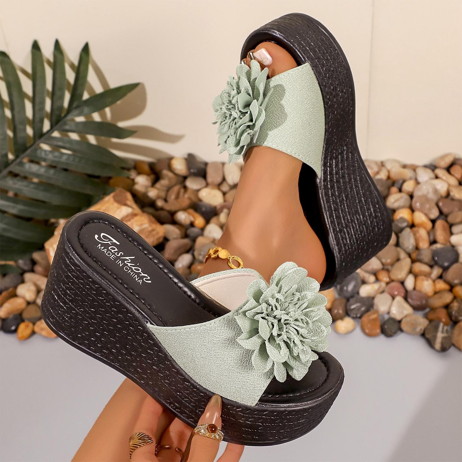 BADHUB Women's Chunky Heel Wedge Sandals Summer Flower Beach Slippers ...