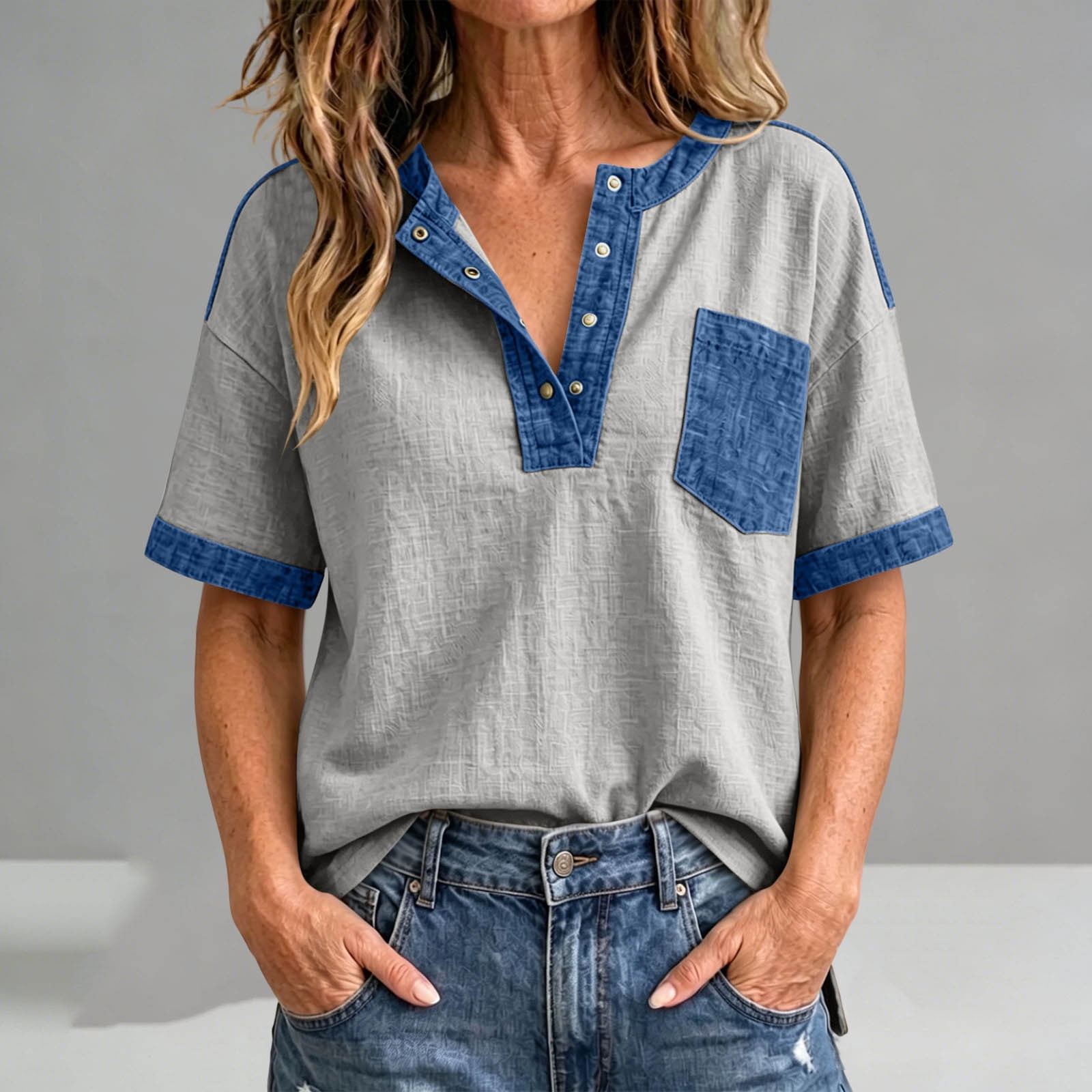 BADHUB Women's Cotton Linen Short Sleeve Henley Tops Denim Patchwork ...