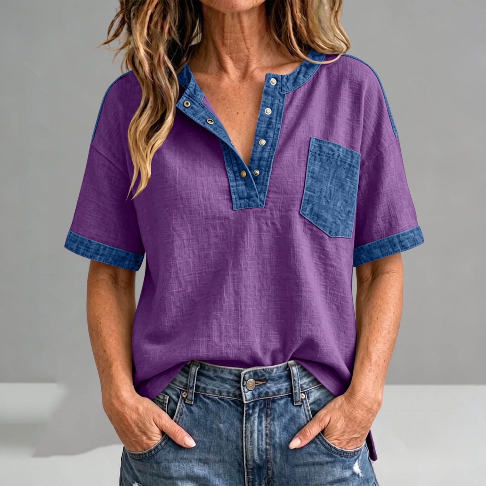 BADHUB Women's Cotton Linen Short Sleeve Henley Tops Denim Patchwork ...