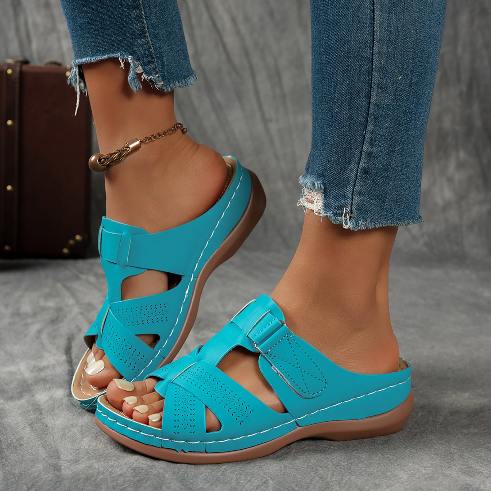 BADHUB Women's Low Wedge Heels Summer Comfortable Dressy Sandals Buckle ...