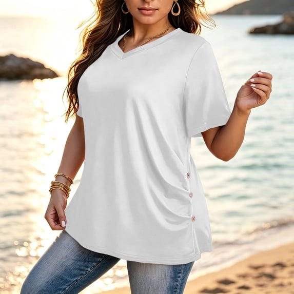 BADHUB Women's Plus Size V Neck Tunic Top Short Sleeve Shirts ...