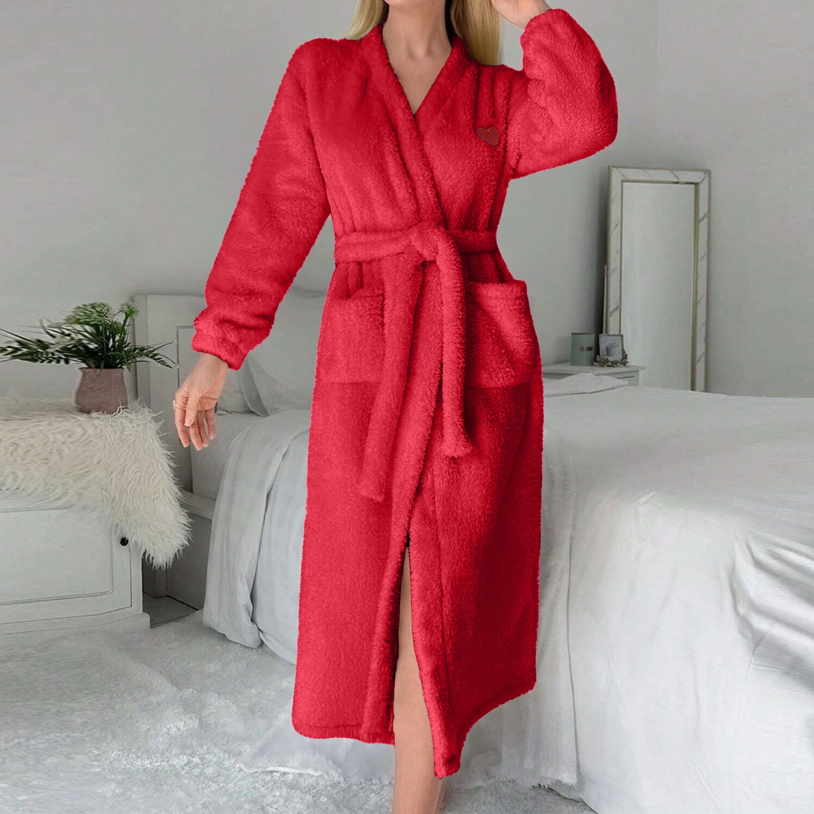 BADHUB Women's Robe Soft Plush Fleece Hooded Spa Bathrobe Red M ...