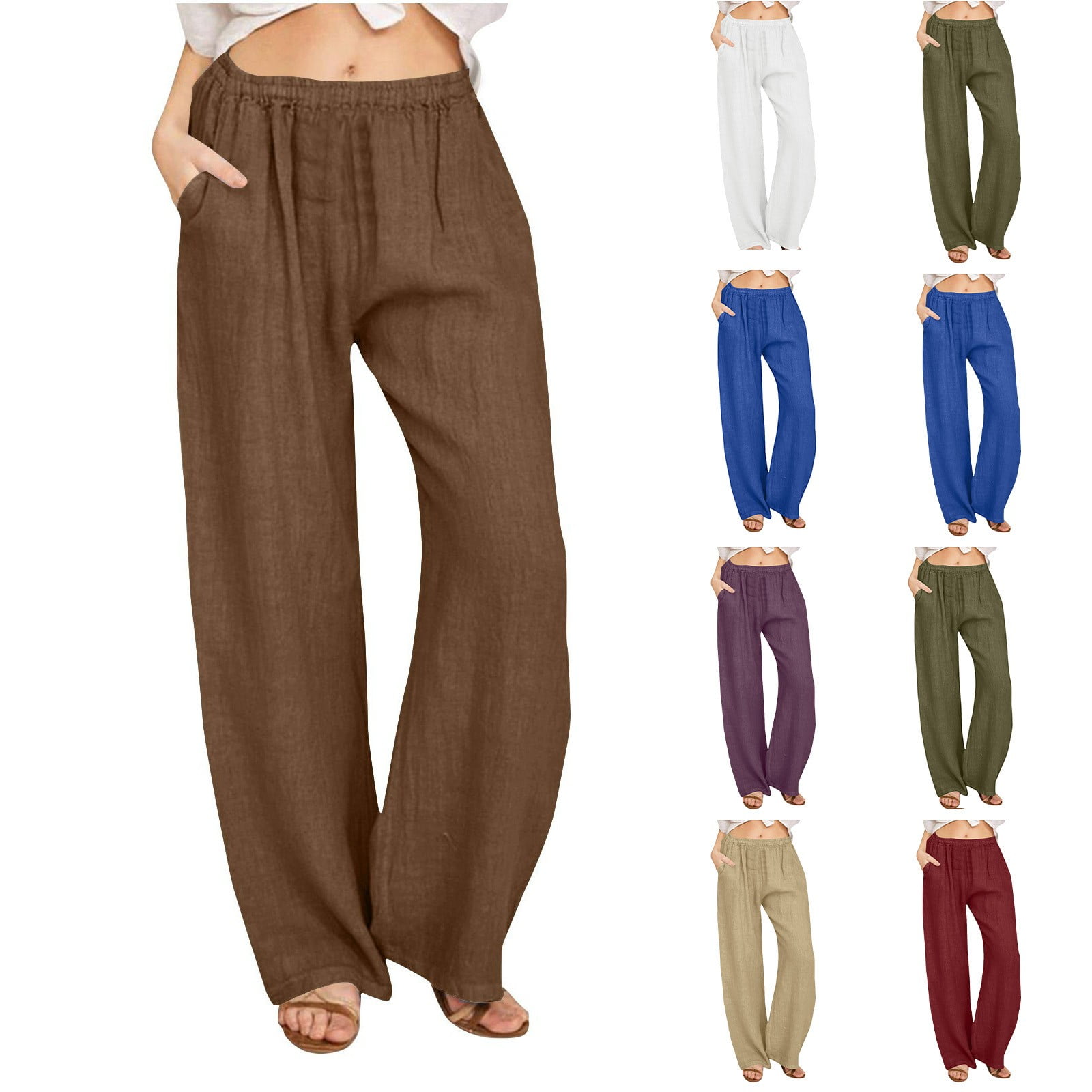 BADHUB Women's Wide Leg Linen Pants 2025 Summer Flowy Beach Slacks Army ...