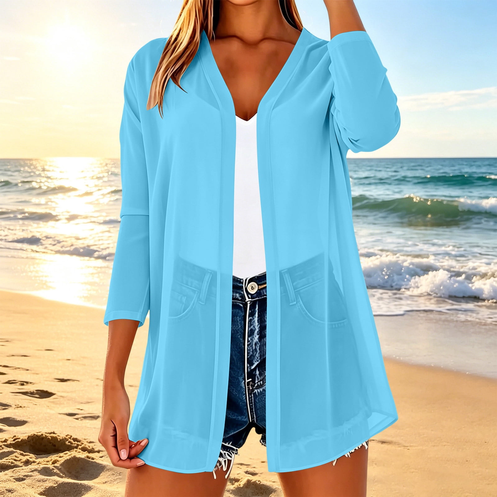 BADHUB Womens 3/4 Sleeve Open Front Cardigan Swimsuit Cover ups ...