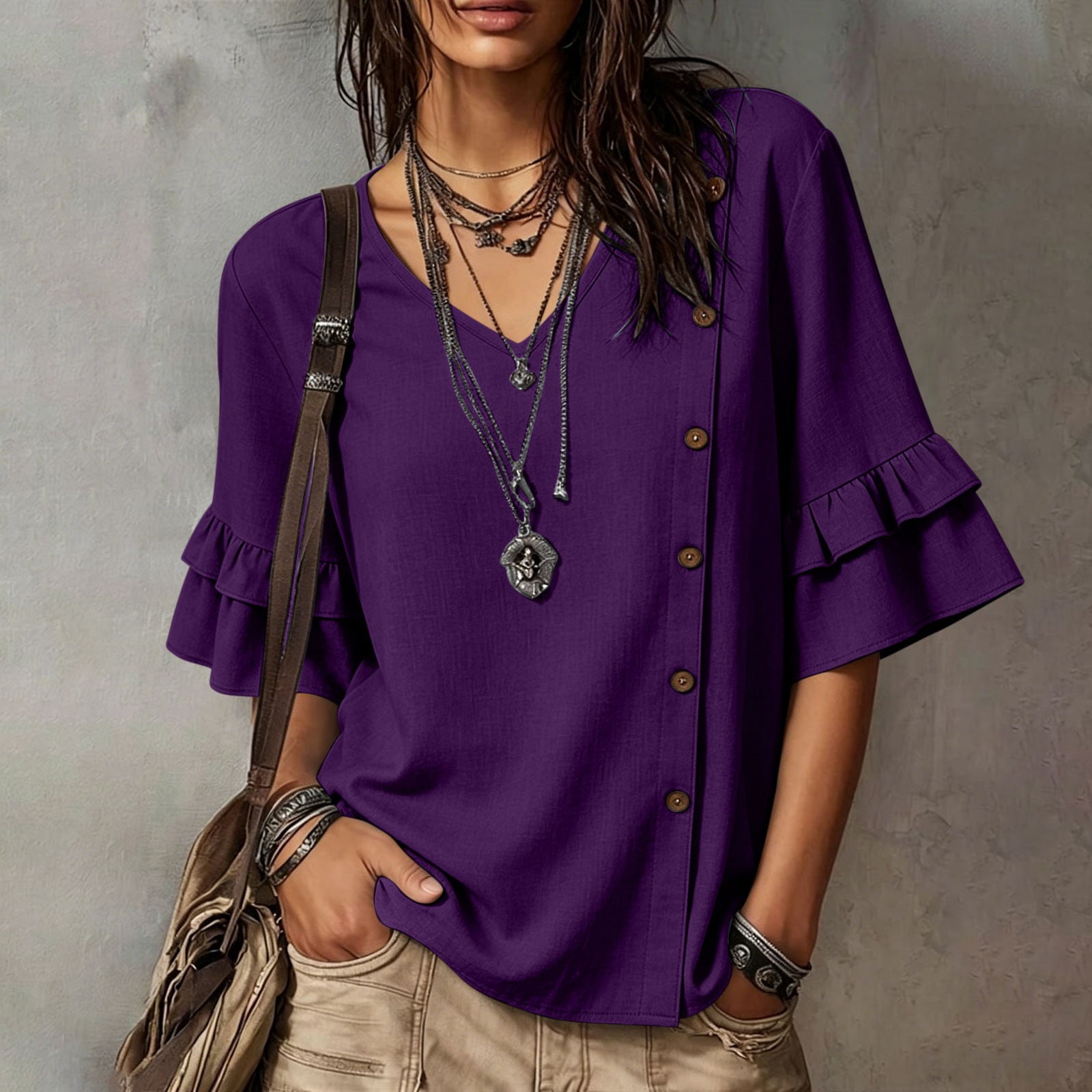 BADHUB Womens Cotton Linen Summer Tops Ruffle 3/4 Length Sleeve Tunic ...
