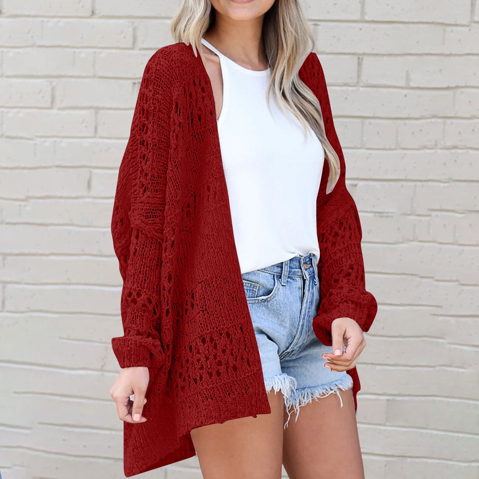 BADHUB Womens Crochet Cardigan Sweater Batwing Sleeves Open Front ...