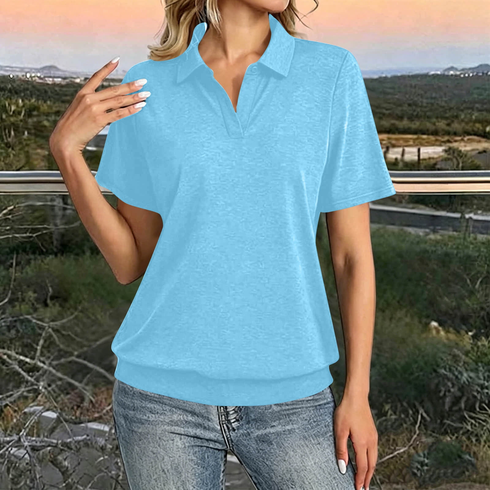 BADHUB Womens Henley Shirts Short Sleeve V Neck Collared Tops Loose Fit ...