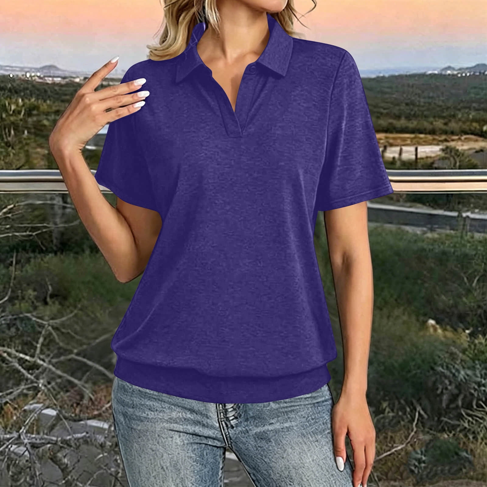 BADHUB Womens Henley Shirts Short Sleeve V Neck Collared Tops Loose Fit ...