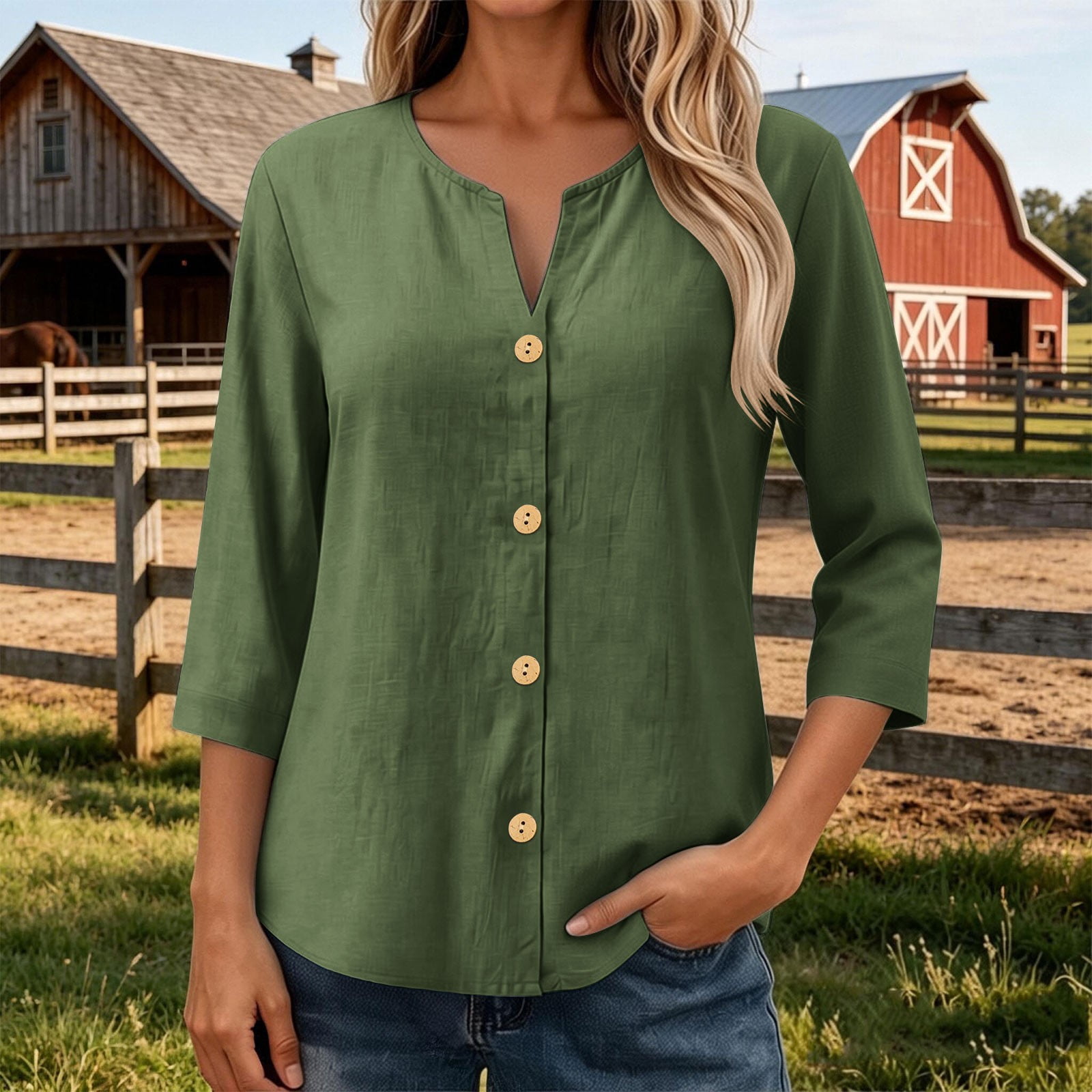BADHUB Womens Linen Button Down Shirts V Neck 3/4 Sleeve Blouses Casual ...