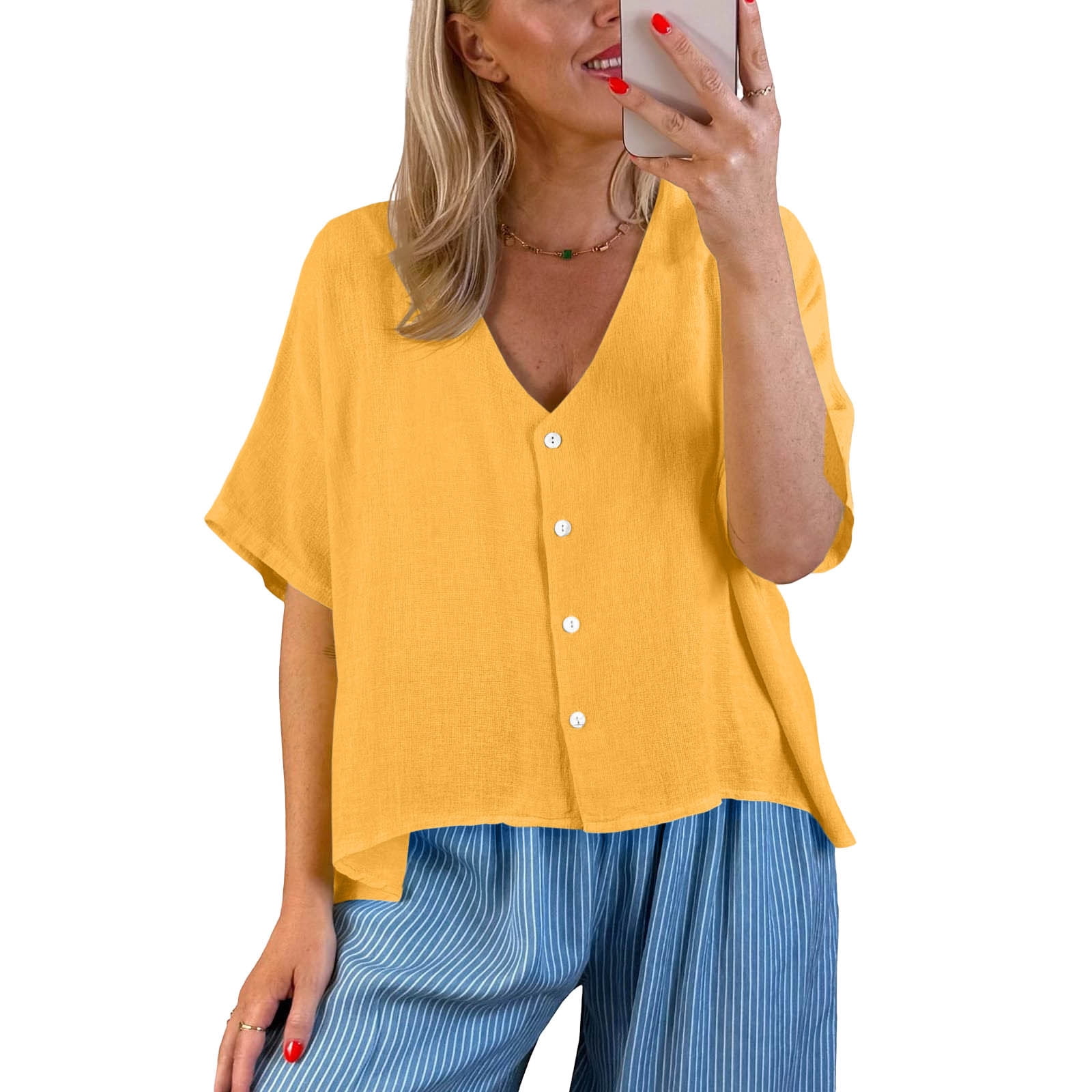 BADHUB Womens Shirt Tops Batwing Short Sleeve Blouse Summer Casual V ...