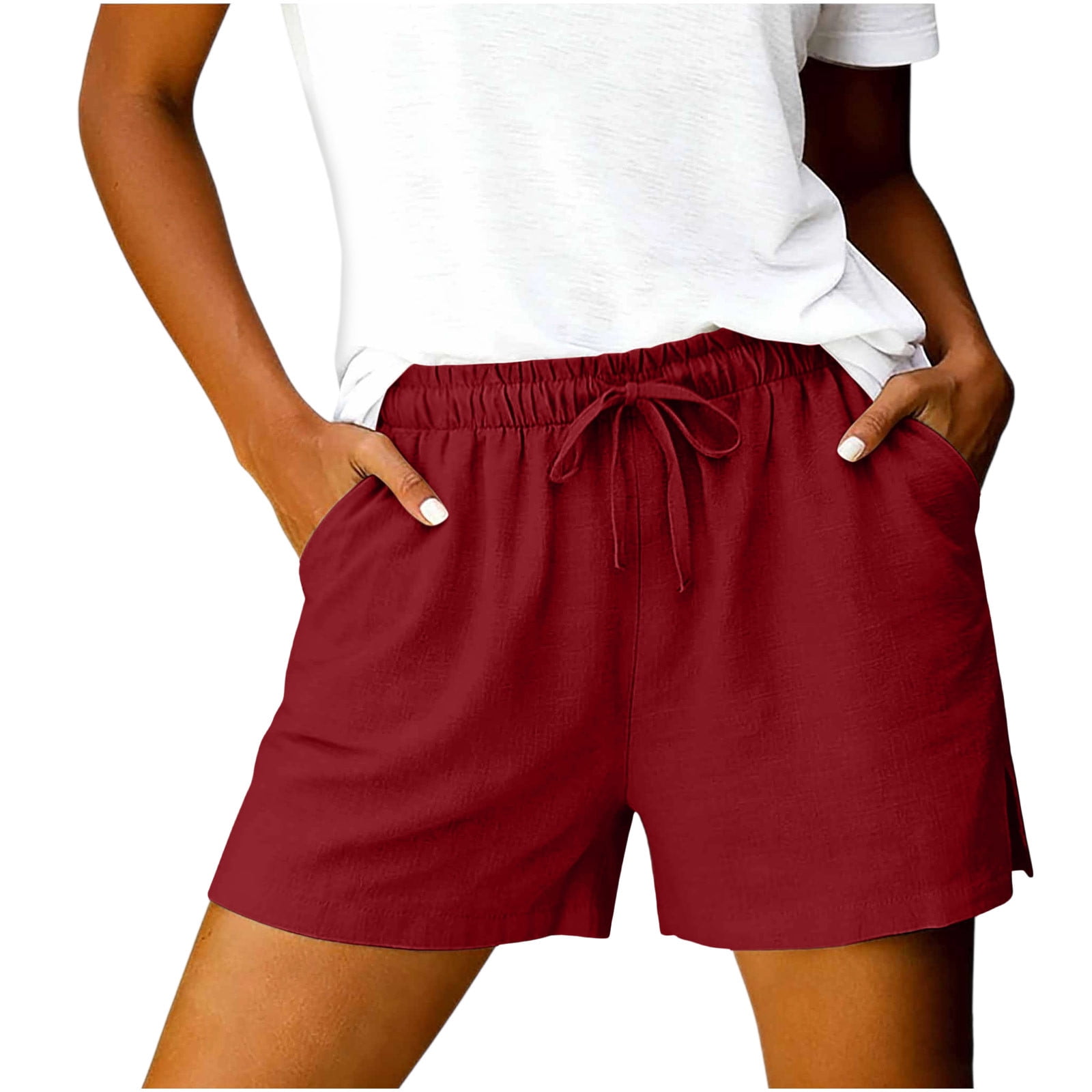 BADHUB Womens Summer Shorts Elastic Waist Drawstring Comfy Linen Shorts ...