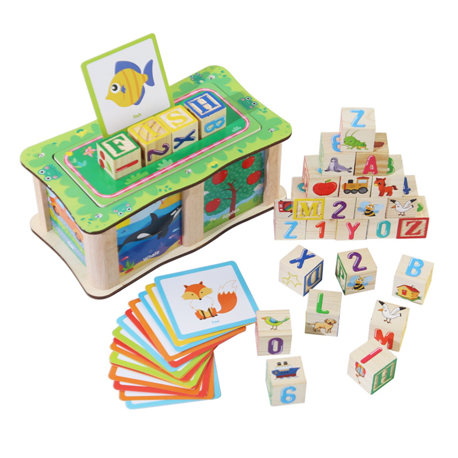 BAELLERT 1 Set Toddlers ABC Wooden Block with 20 Cards Storage Box ...