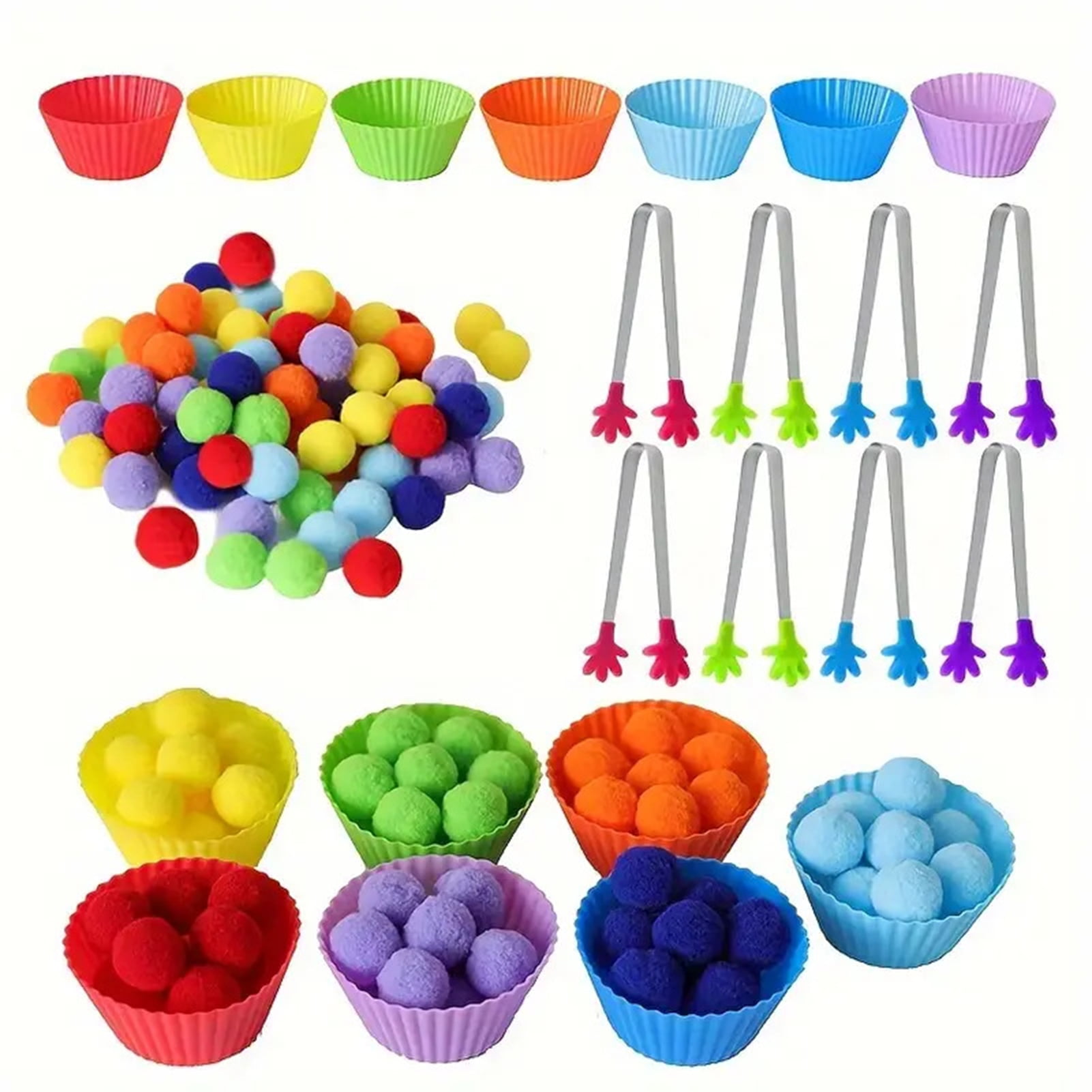 BAELLERT 78Pcs/Set Kids Color Sorting Toy with 7 Bowls 70 Pompoms Clip ...
