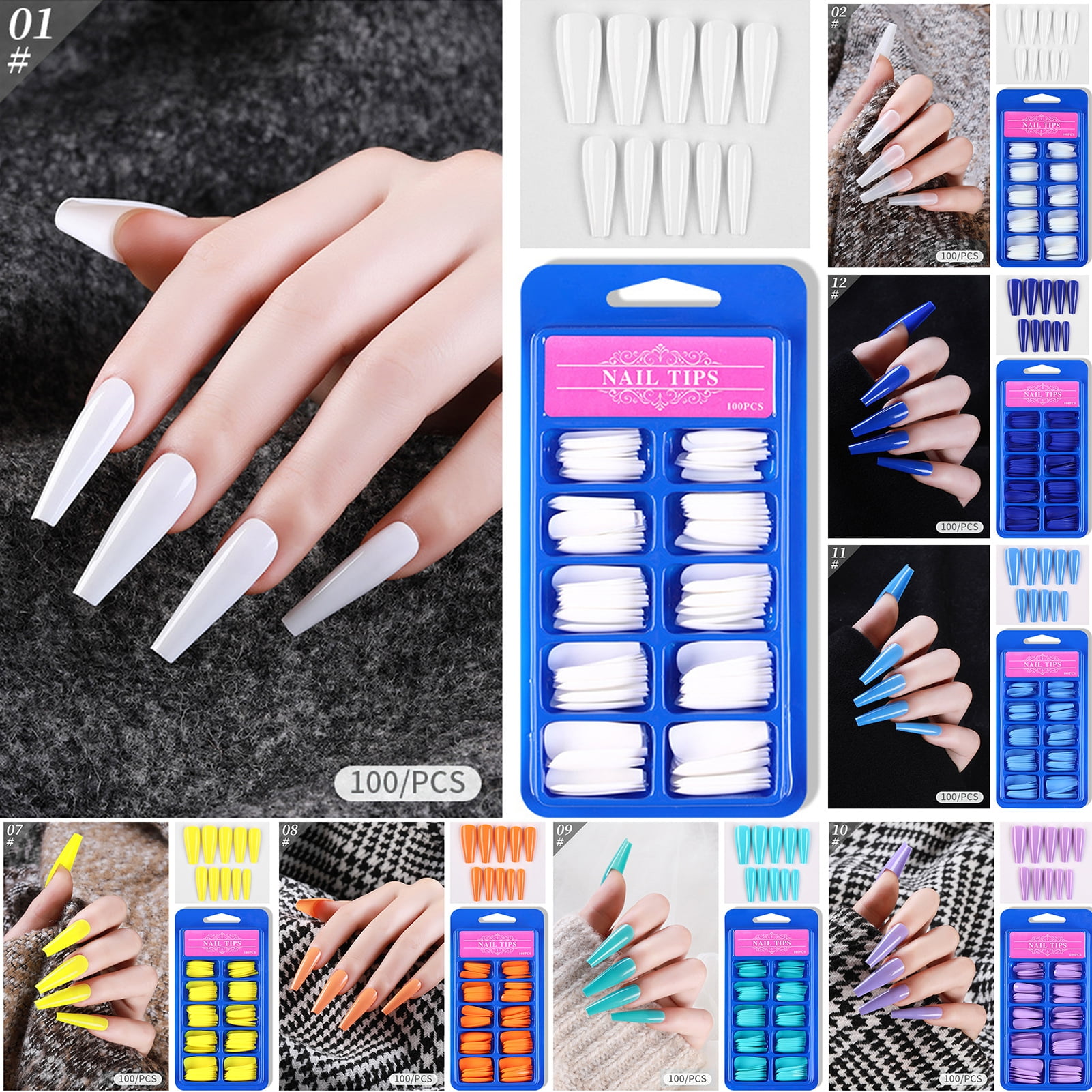 BAETEUY 100 Pcs/Box Nail Tips Long Shape Full Paste ABS Portable False ...