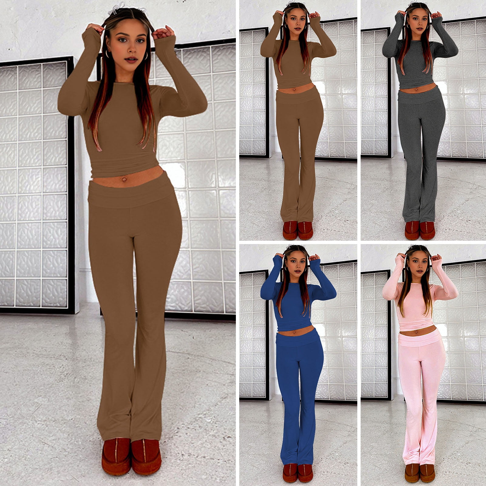 BAETEUY 2 Pcs/Set Women Top Pants Suit Round Neck Long Sleeves Solid ...