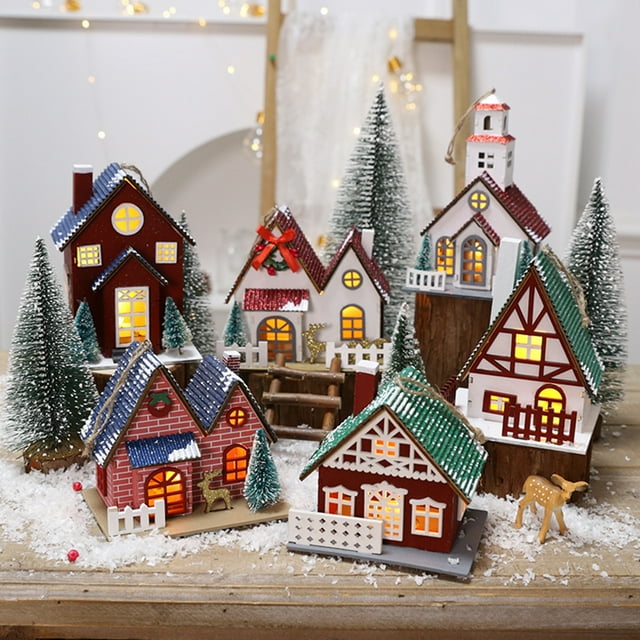 BAETEUY Christmas Cabin Ornament Glowing Wooden House Pendant LED Log ...