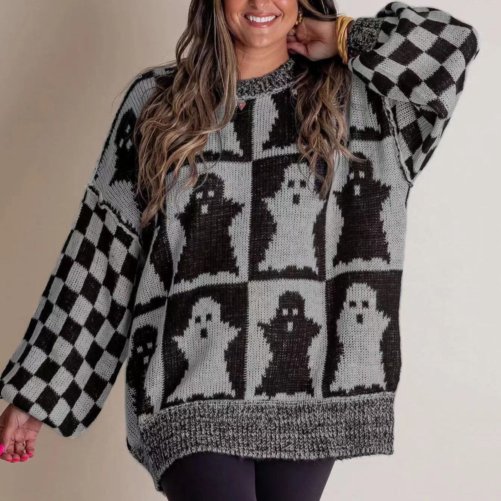BAETEUY Halloween Spooky Sweater Plaid Pumpkin Ghost Pattern Knitting ...