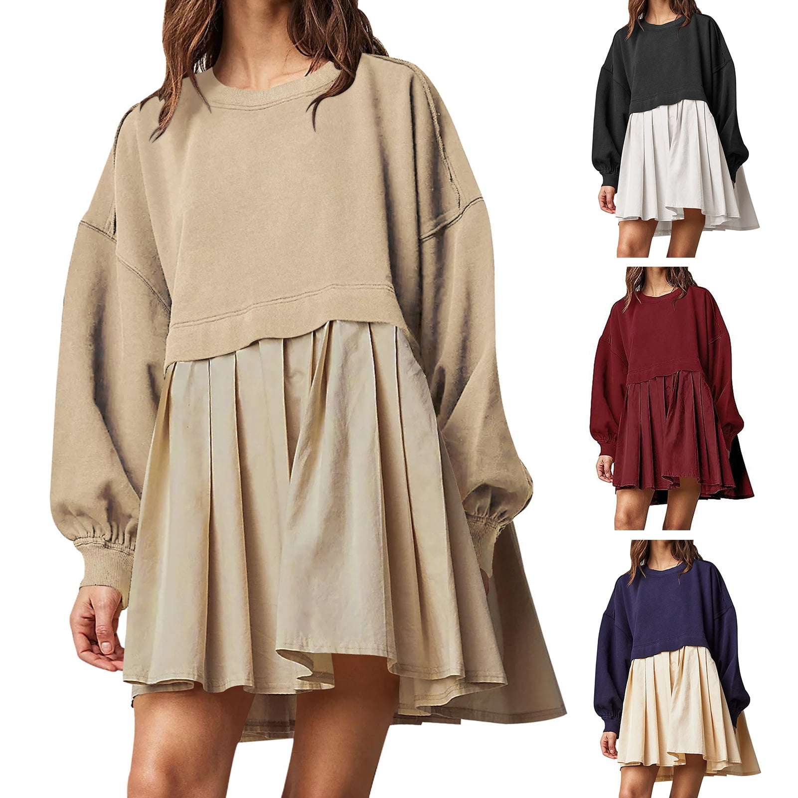 BAETEUY Lady Dress, Pleated, Patchwork, Crew Neck, Sweatshirt, Dress ...