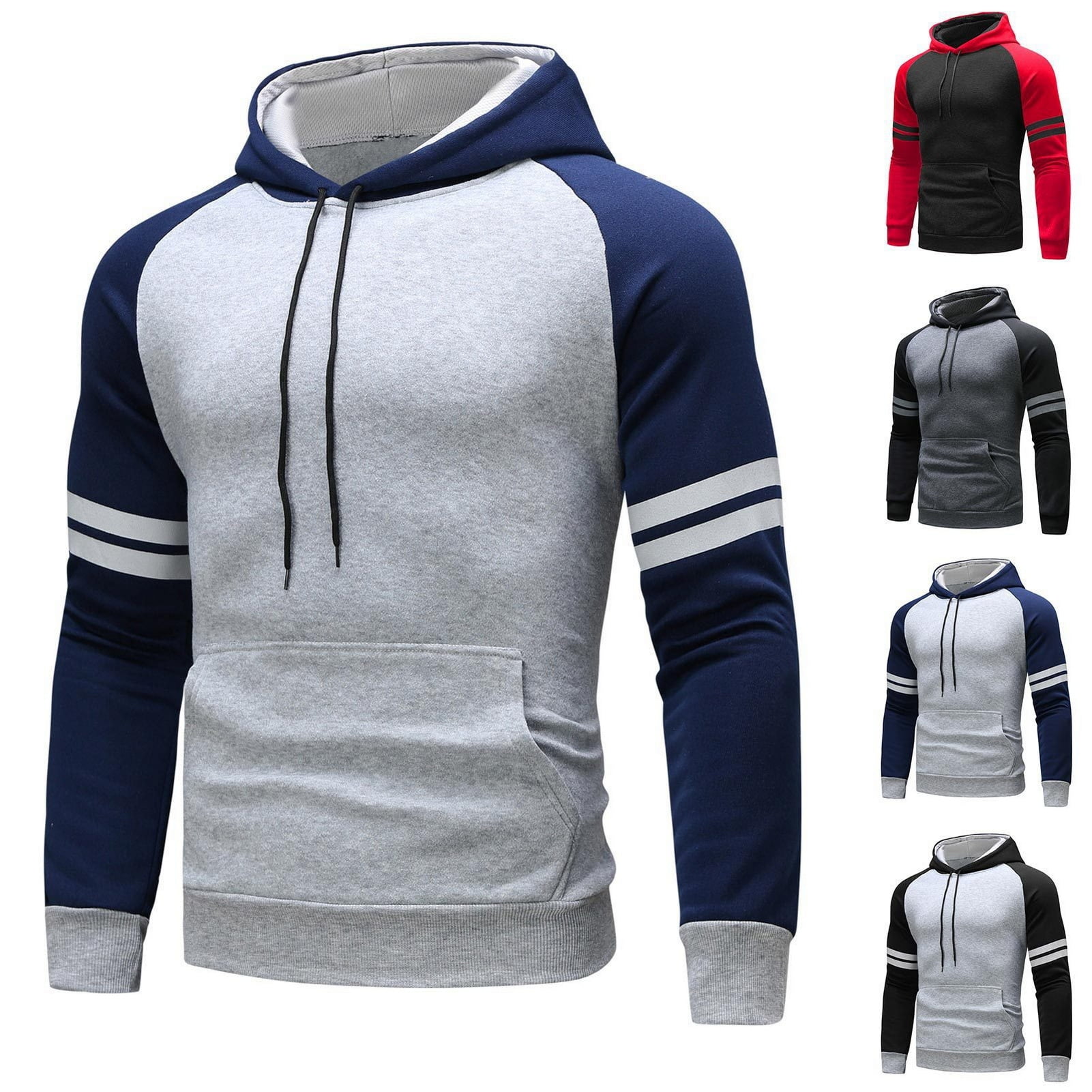 BAETEUY Men Fall Winter Hoodie Colorblock Drawstring Long Sleeves Big ...