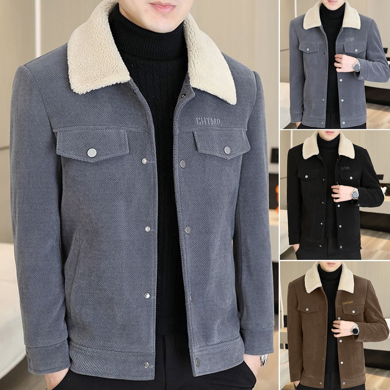 BAETEUY Men Jacket, Coat, Solid Color, Lapel, Button Closure, Casual, Jacket, Thickened, Velvet ...